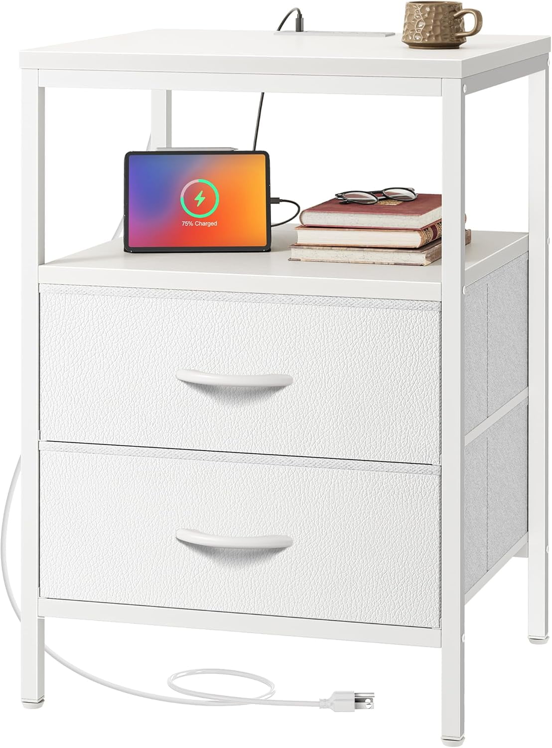 Huuger Nightstand with Charging Station, Side Table with Fabric Drawers ...