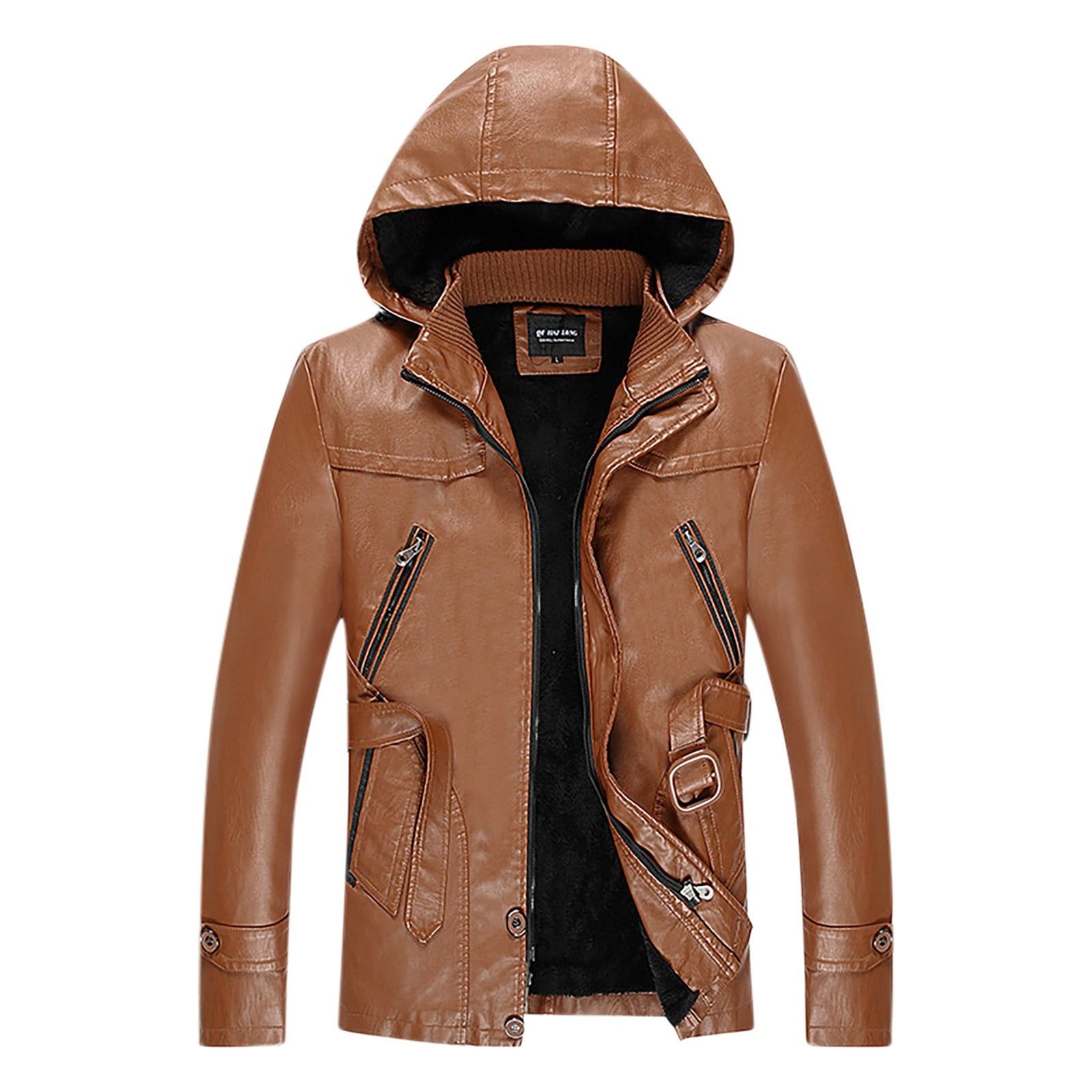 Huuilaibazoo Men's Faux Leather Hoodie Jacket Stand Collar Long Sleeve ...