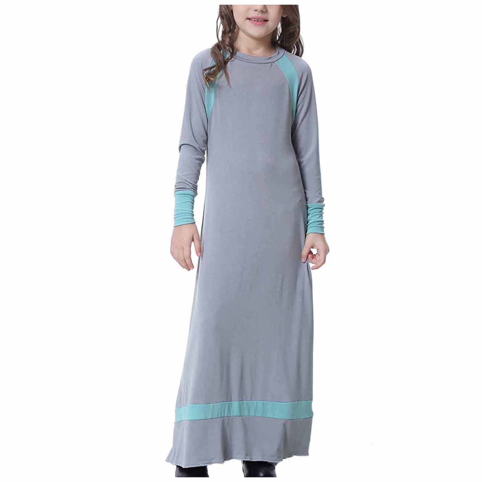 Huvoen Kids Girls Muslim Islamic Long Dress Long Sleeves Round Neck ...