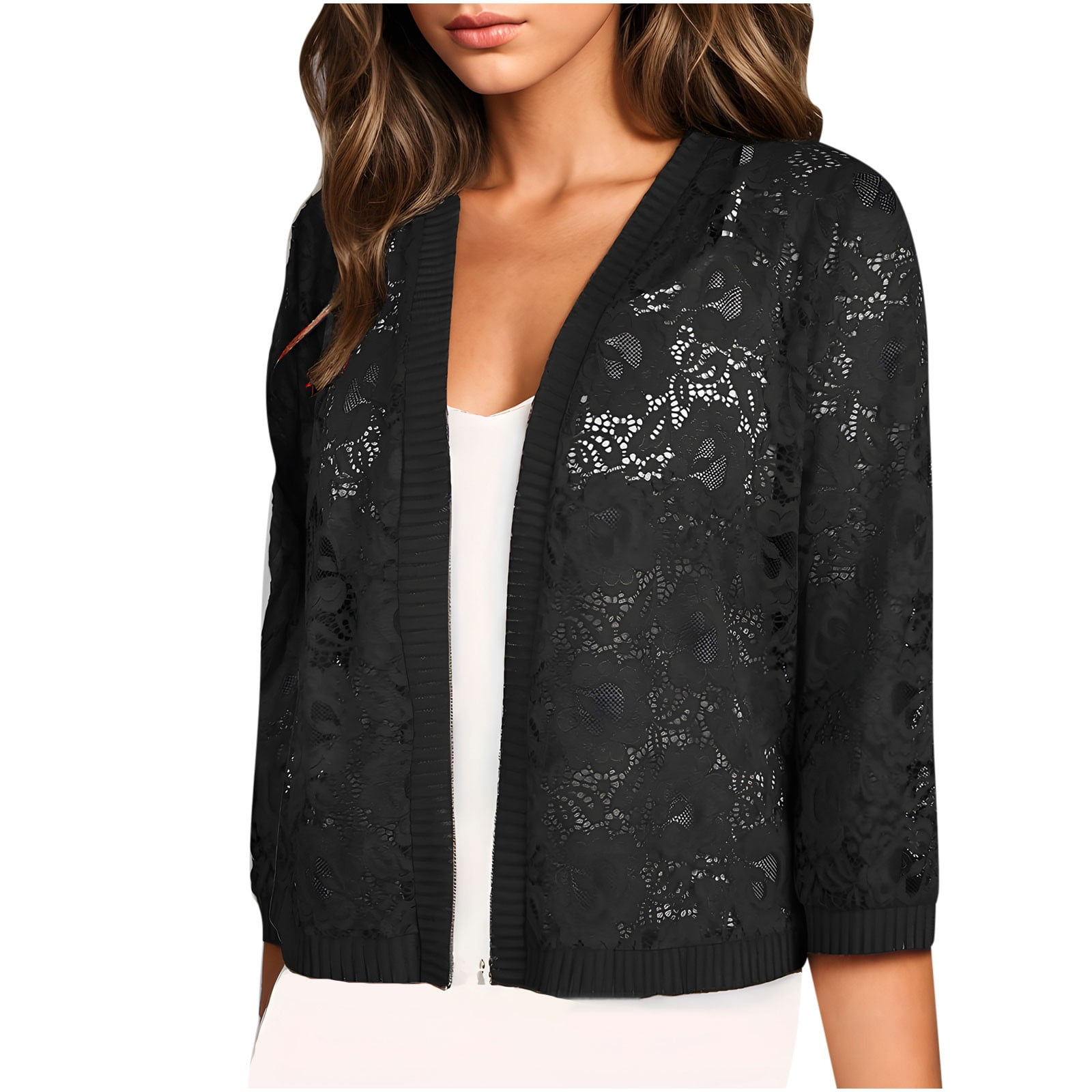 Huvoen Women’s 3/4 Sleeve Open Front Lace Cardigan, Floral Lace Shrug ...