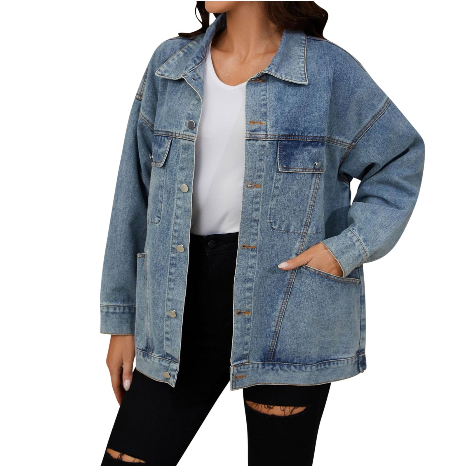 Huvoen Women's Oversized Mid Long Denim Jacket Jean Biker Coat Casual ...