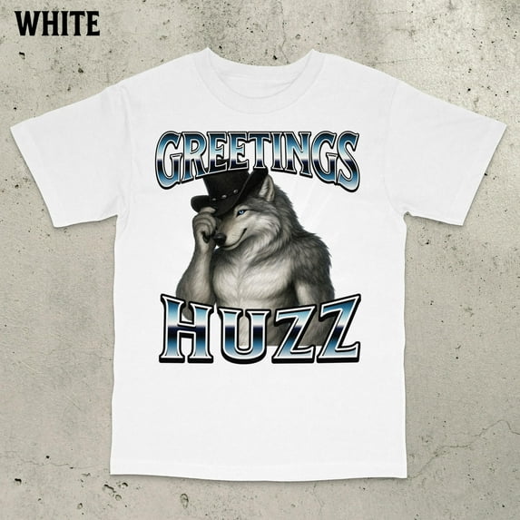 Huzz Wolf Character Greetings Tee, Bold Blue Lettering Animal Art Shirt ...