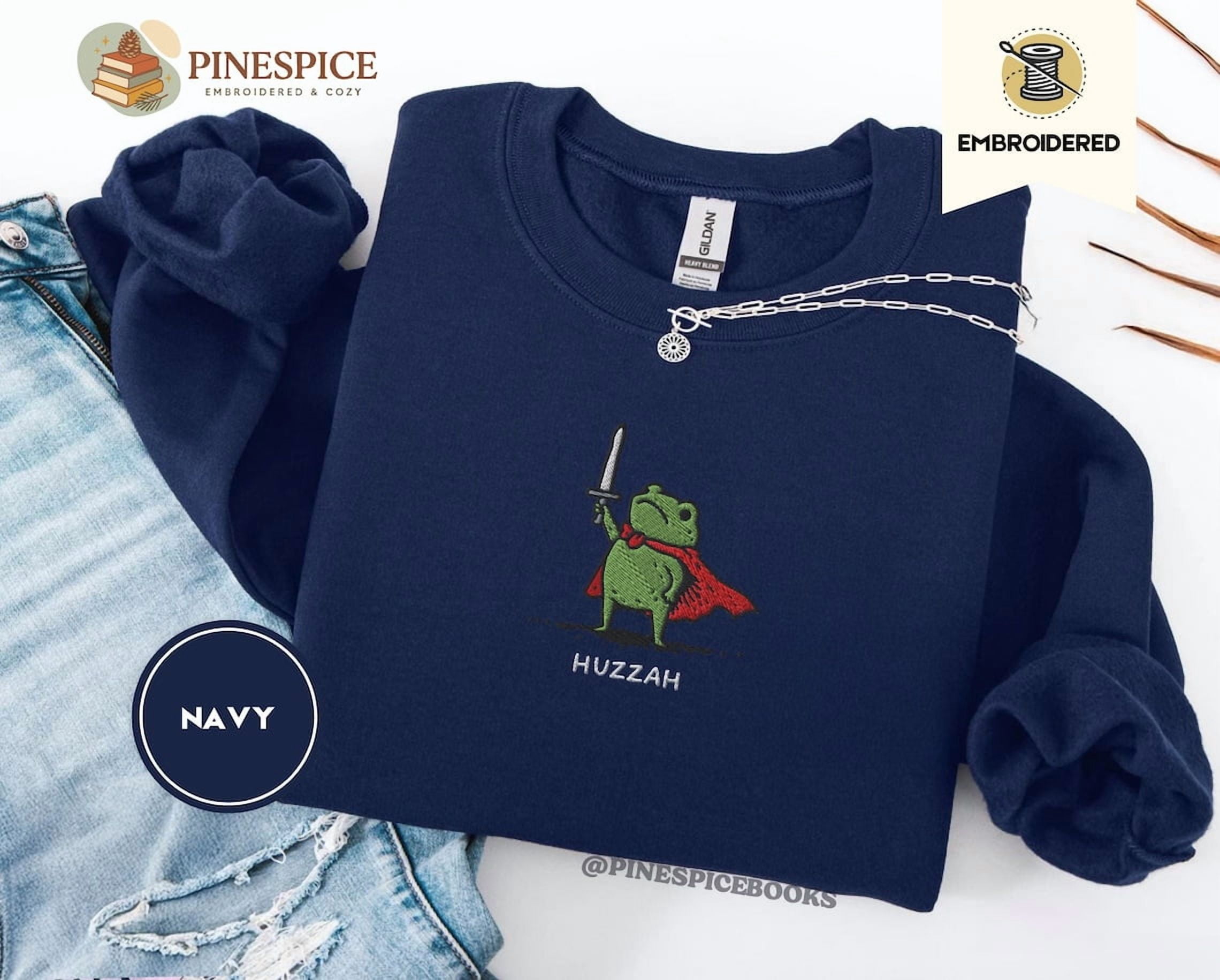 Huzzah Frog Embroidered Crewneck Sweatshirt, Medieval Frog Character ...