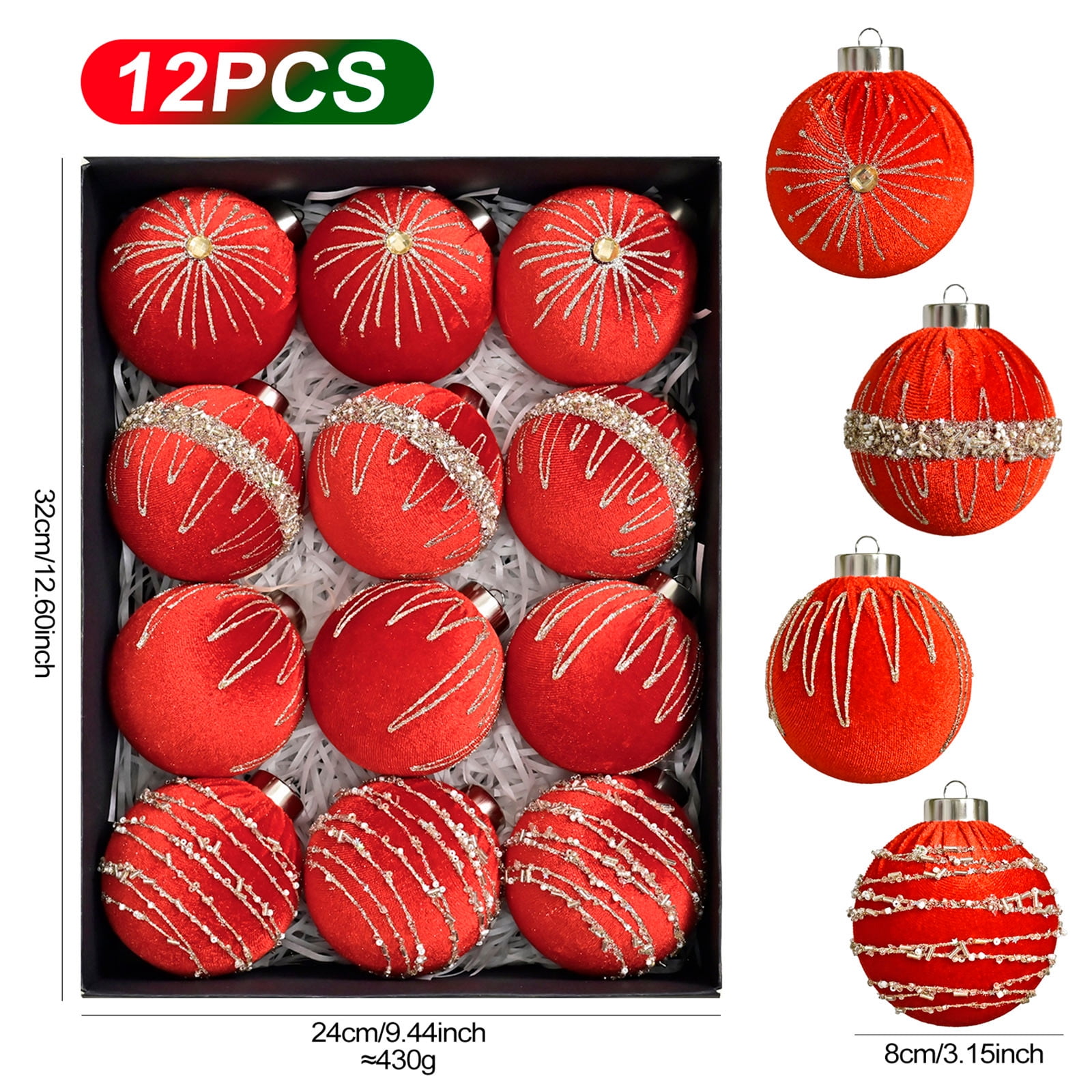 Hvmvliv 12-Piece 8cm Flash Drill Silk Velvet Christmas Balls Exquisite ...
