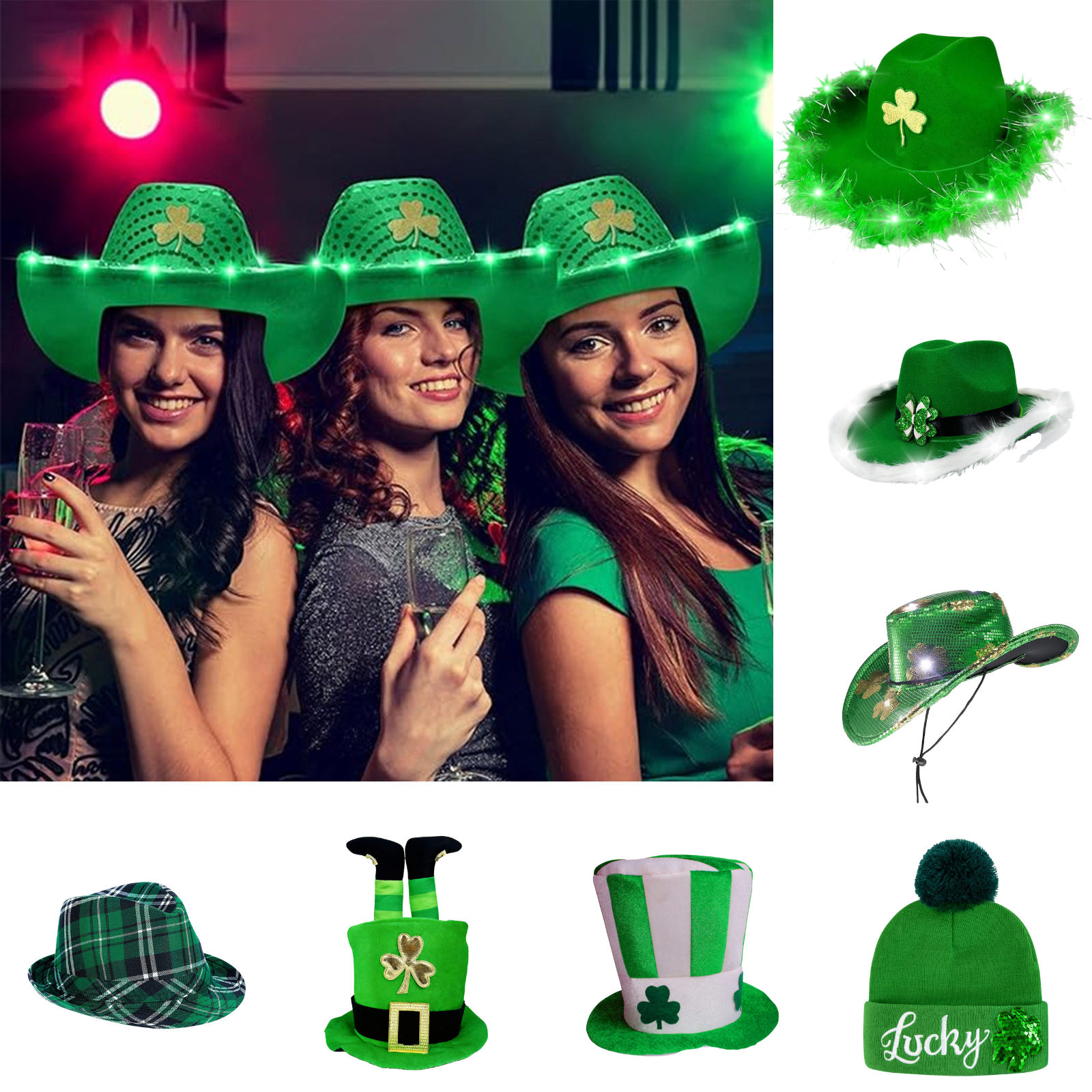 Hvmvliv St.Patrick's Day Sequins Lighted Hat Green Dress Up Party Prop ...