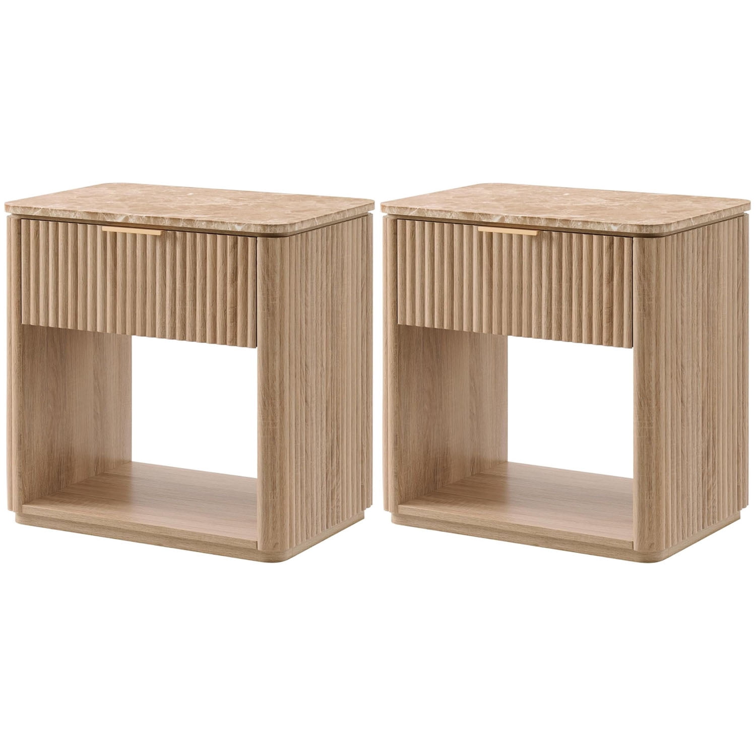 Hvoonc Fluted Wood Nightstands Set of 2, Faux Marble Top Bedside Tables ...