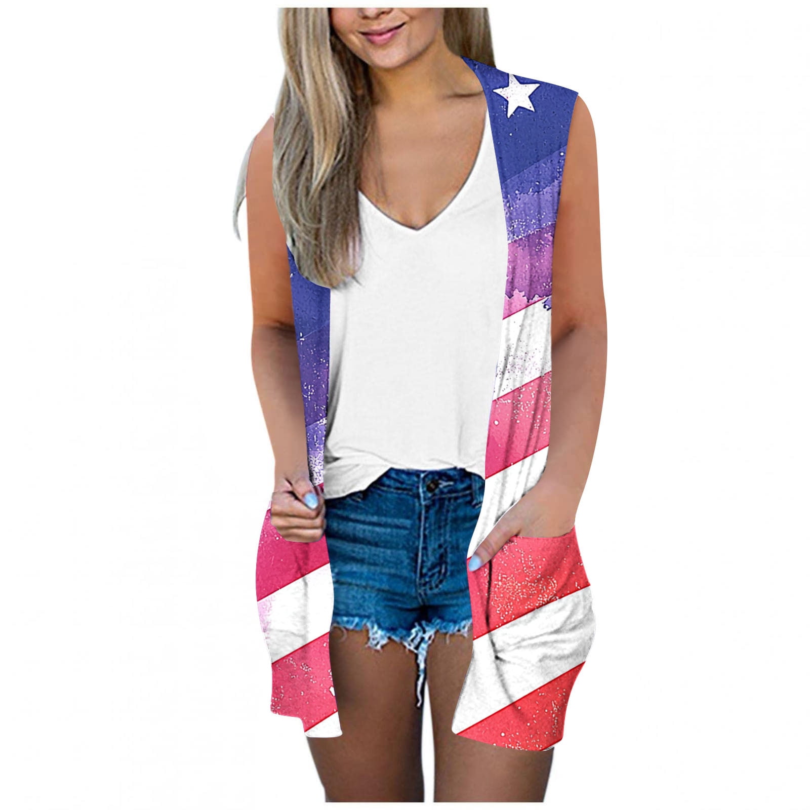 Hvot&aat American Flag Print Cardigans July 4th USA Stars & Stripes ...