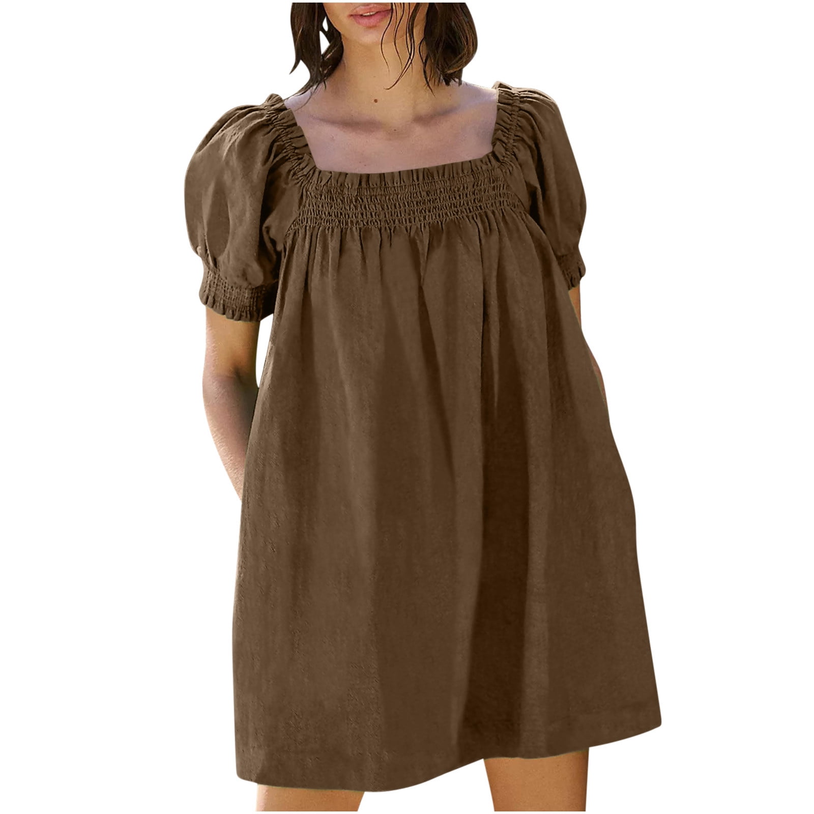 Hvot&aat Cute Linen Babydoll Dress for Women Pff Sleeve Square Neck ...