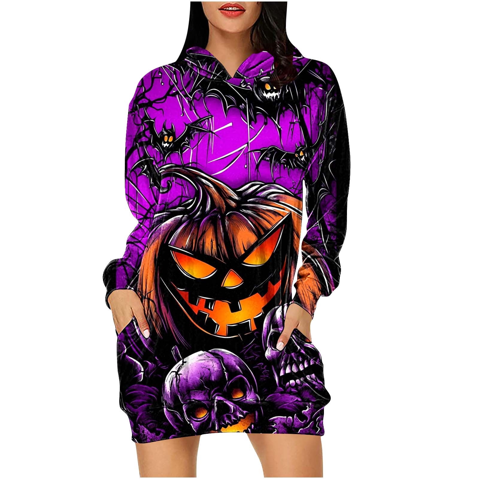 Hvot&aat Halloween Hooded Sweatshirt Dress Cat Pumpkin Ghost Loose Long ...