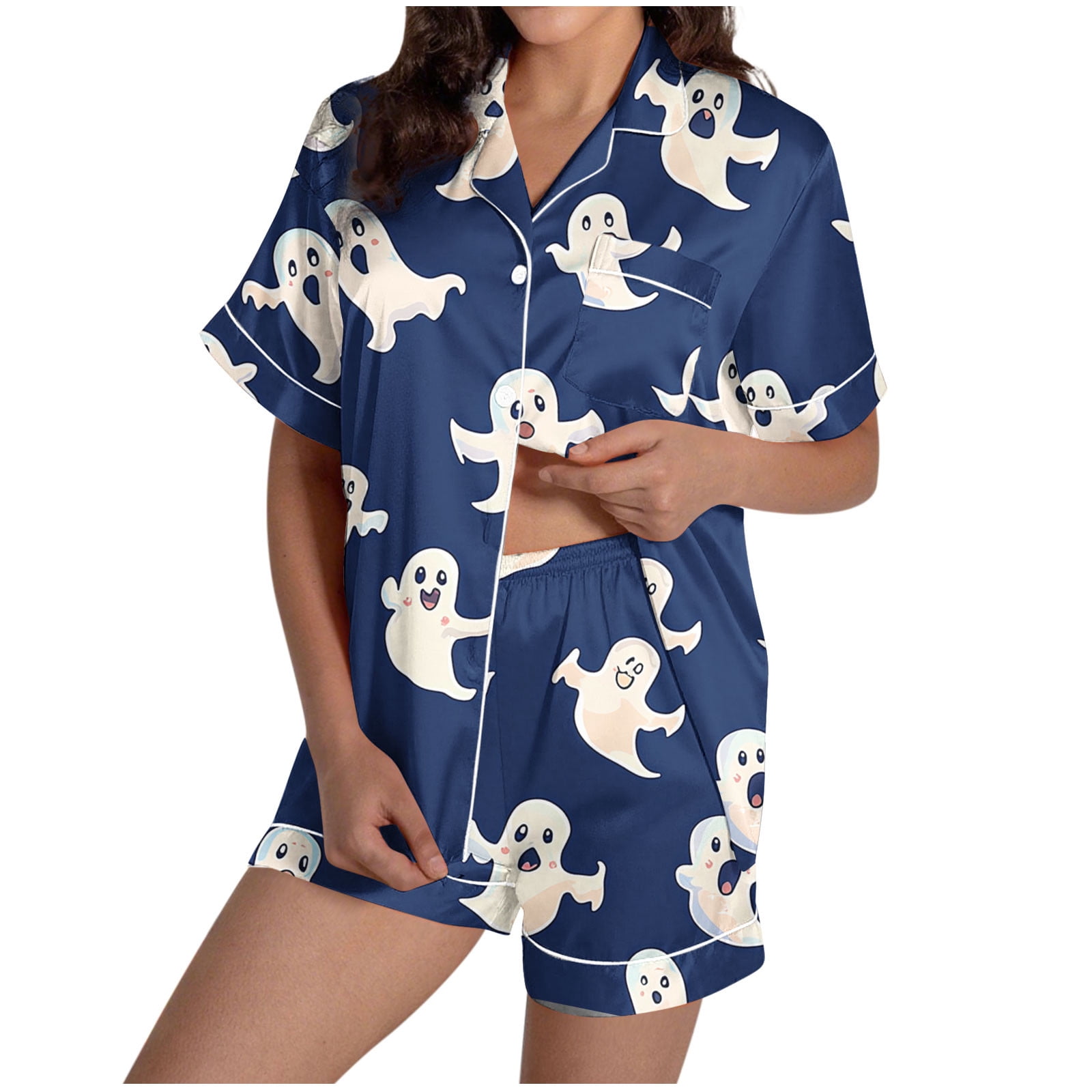 Hvot&aat Halloween Pajamas Women Sets Silk Satin Ghost Graphic Cute ...