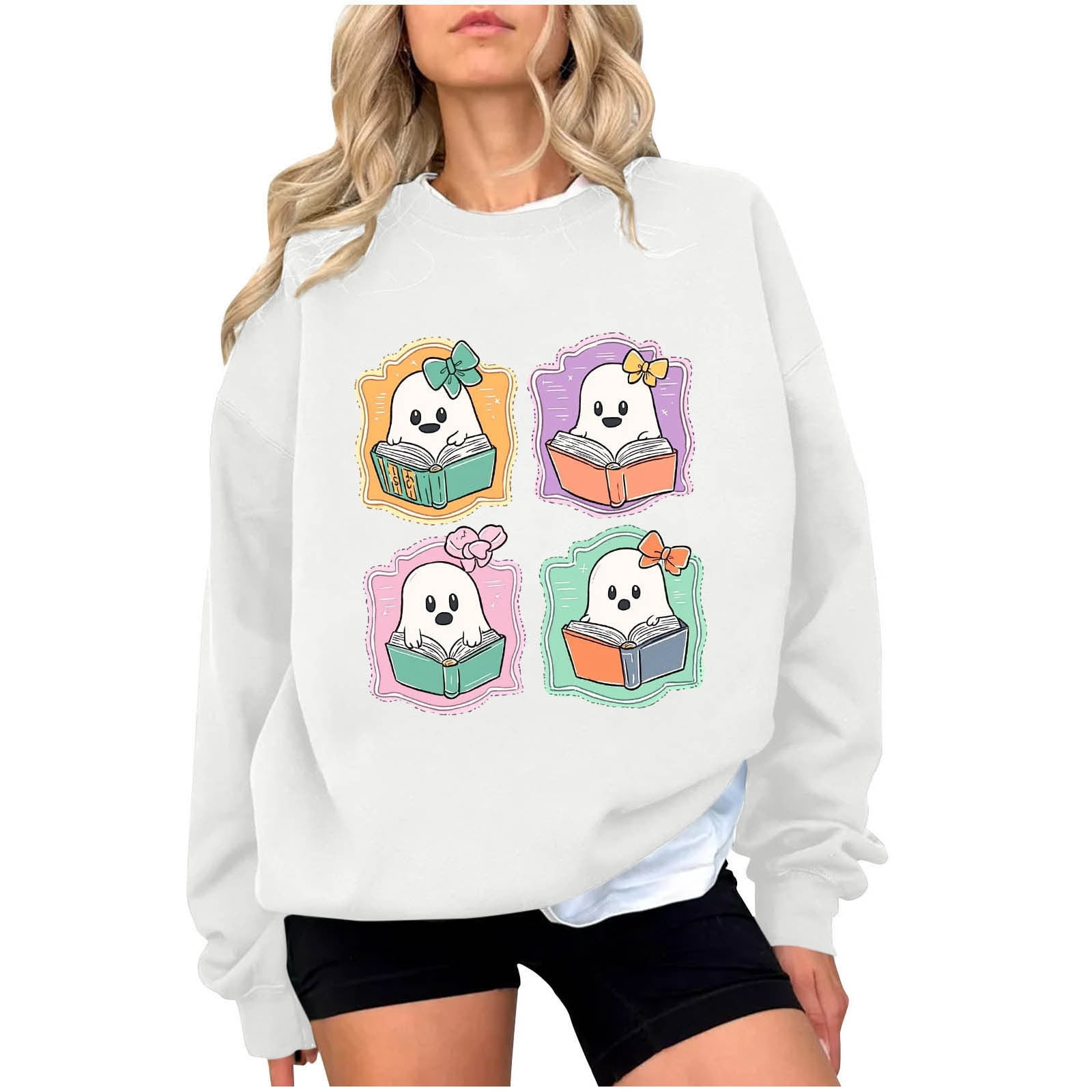 Hvot&aat Halloween Sweatshirts for Women Cute Ghost Reading Books ...
