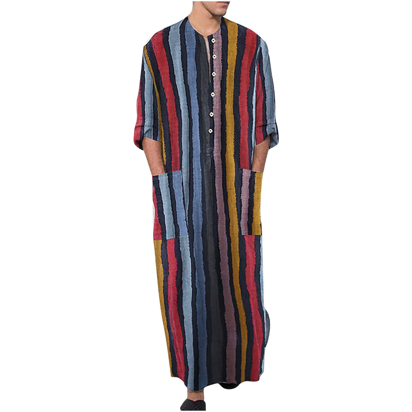 Hvot&aat Men's Muslim Thobe Long Sleeve Stripe Long Gown Middle East ...