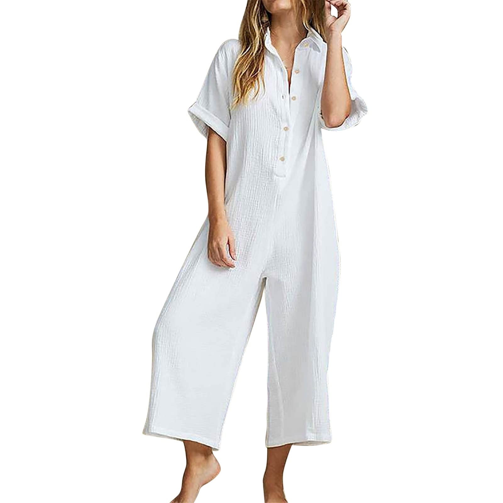 Hvot&aat One Piece Jumpsuits for Women Casual Cotton Linen Short Sleeve ...