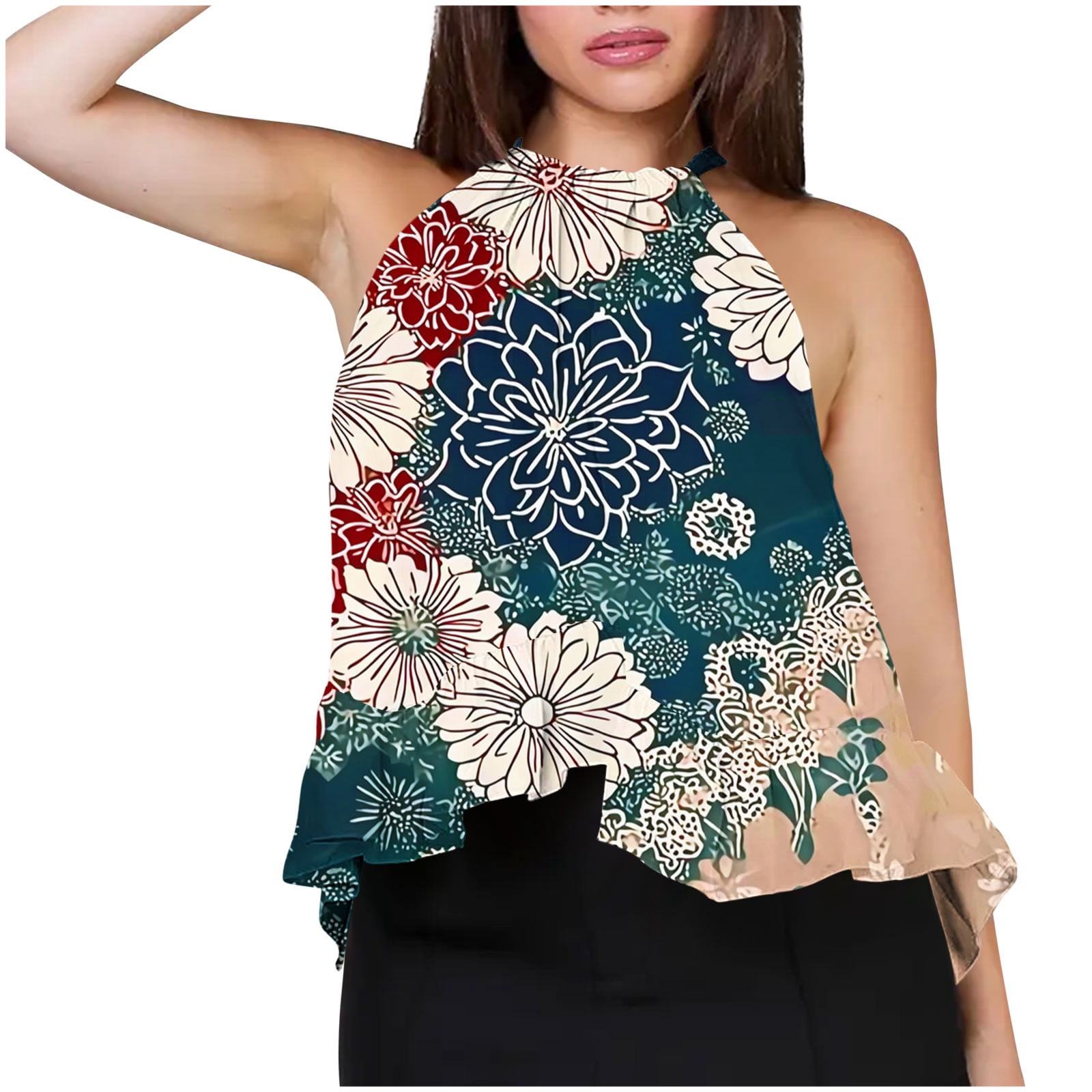 Hvot&aat Summer Halter Tops for Women Boho Ruffle Hem Flowy Top Sexy ...