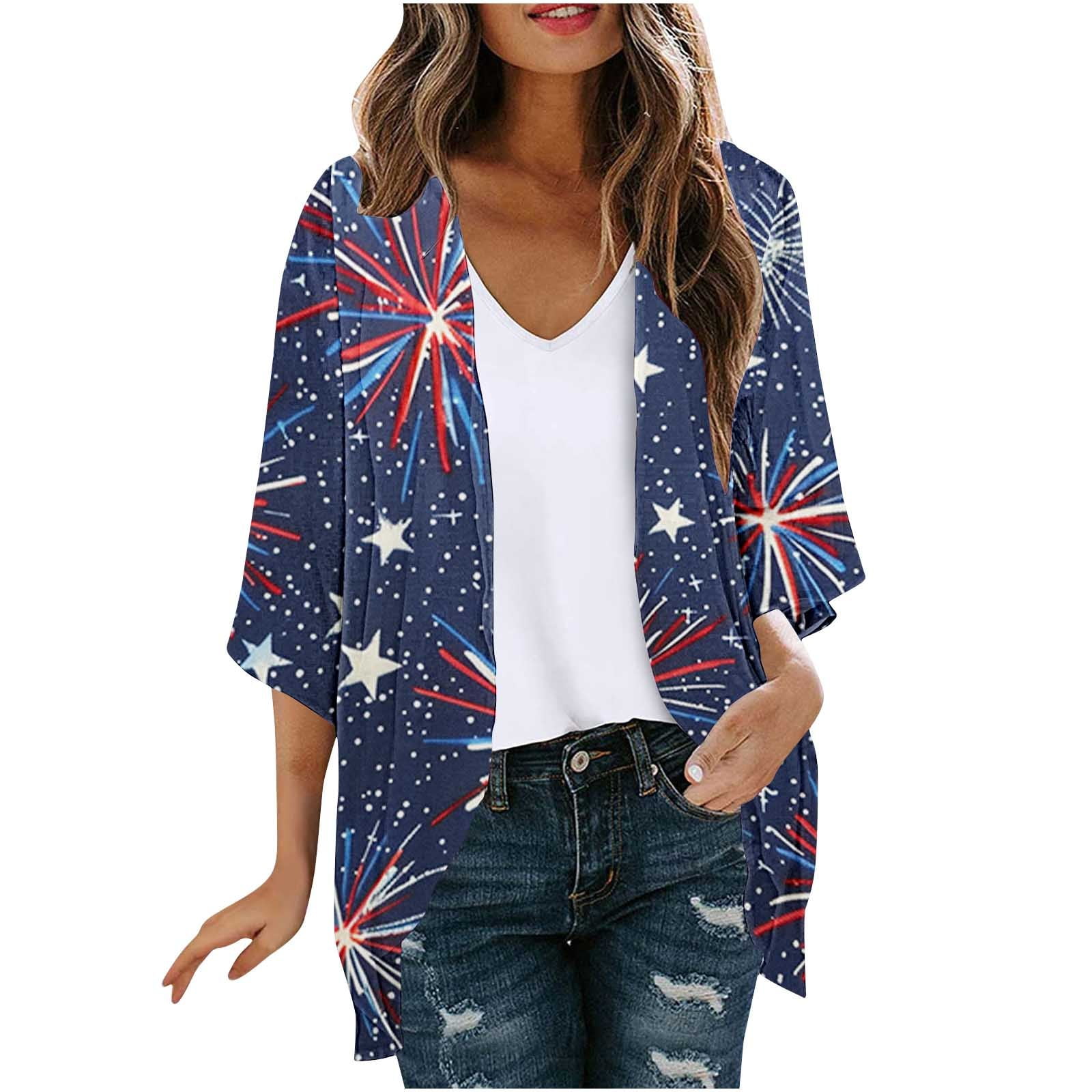 Hvot&aat Women American Flag 4th of July Short Sleeve Cardigan Summer ...