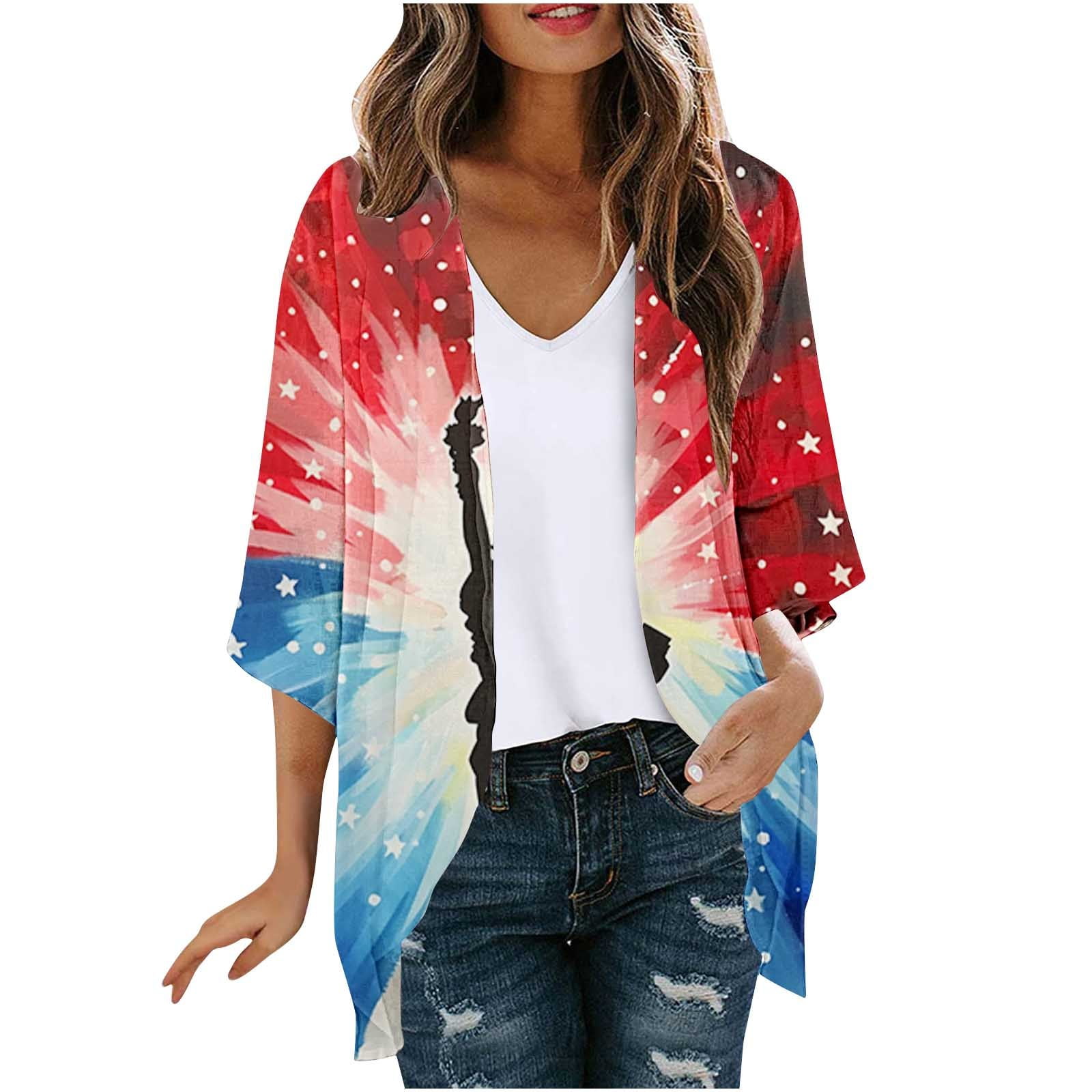Hvot&aat Women American Flag 4th of July Short Sleeve Cardigan Summer ...