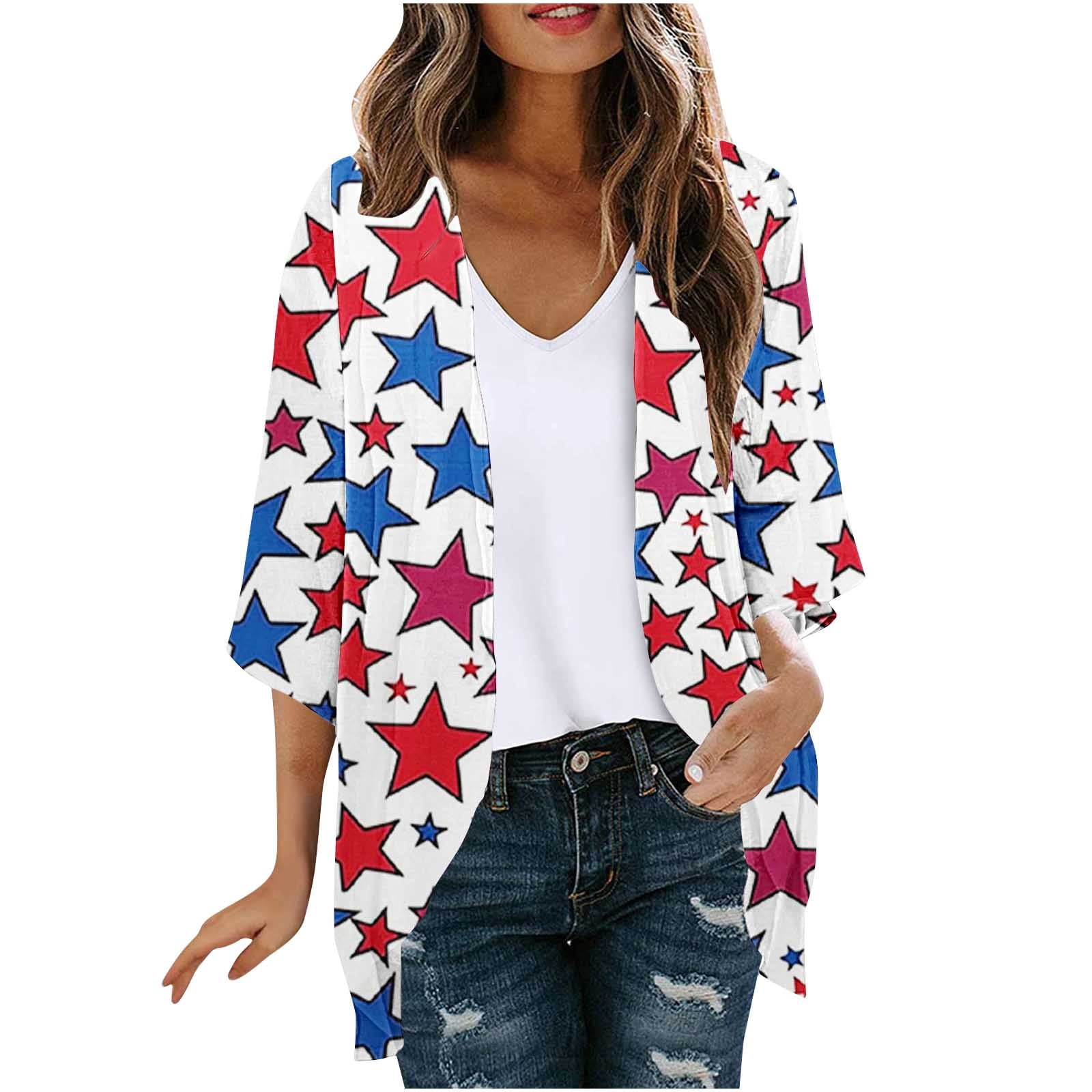 Hvot&aat Women American Flag 4th of July Short Sleeve Cardigan Summer ...
