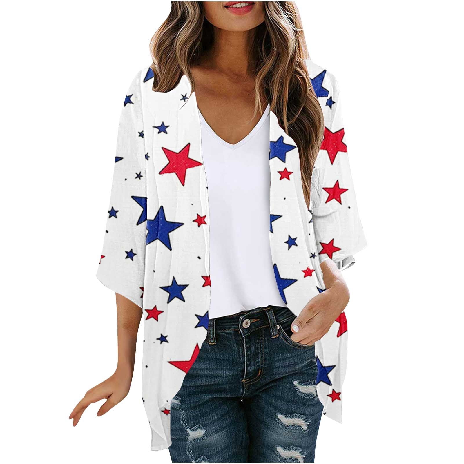 Hvot&aat Women American Flag 4th of July Short Sleeve Cardigan Summer ...