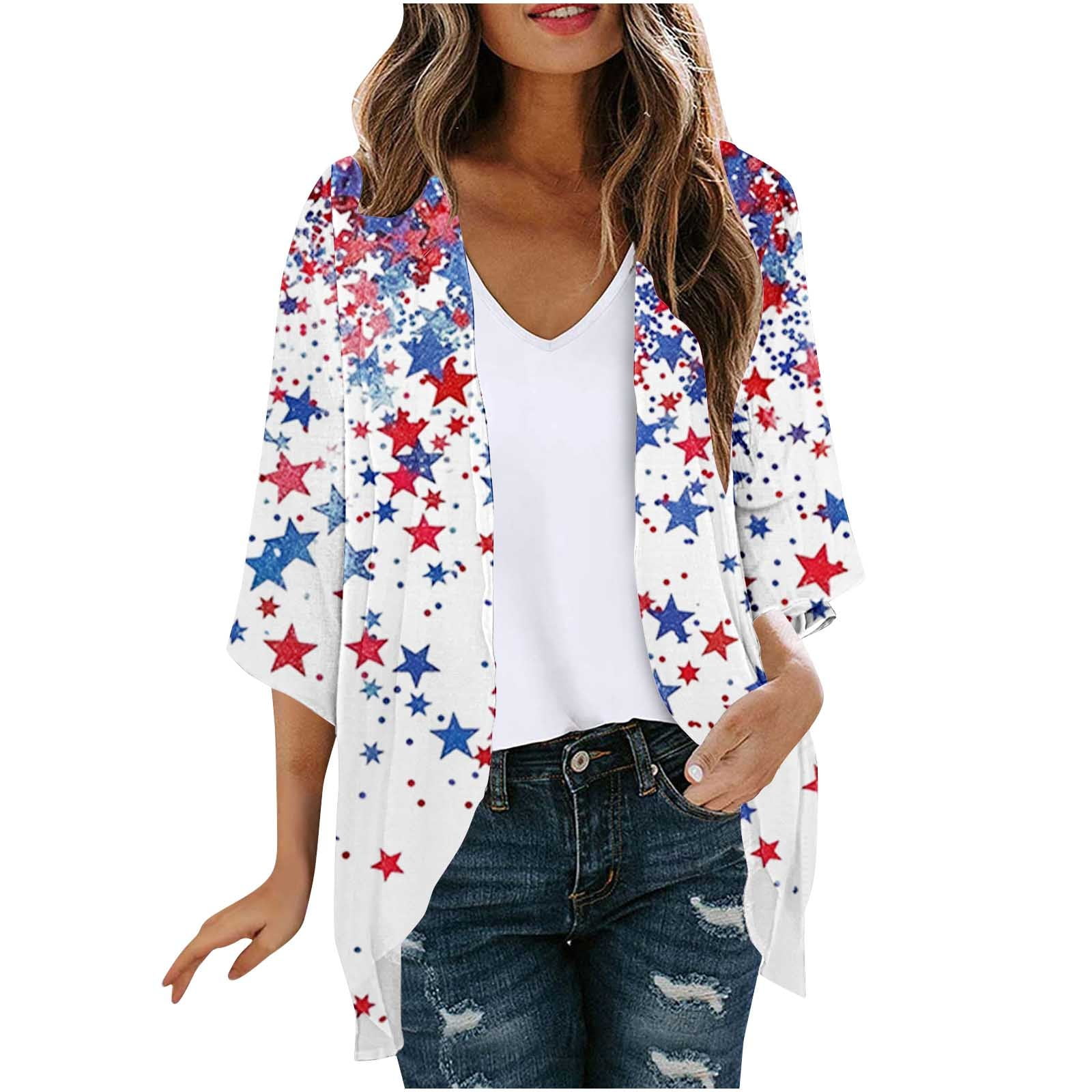 Hvot&aat Women American Flag 4th of July Short Sleeve Cardigan Summer ...