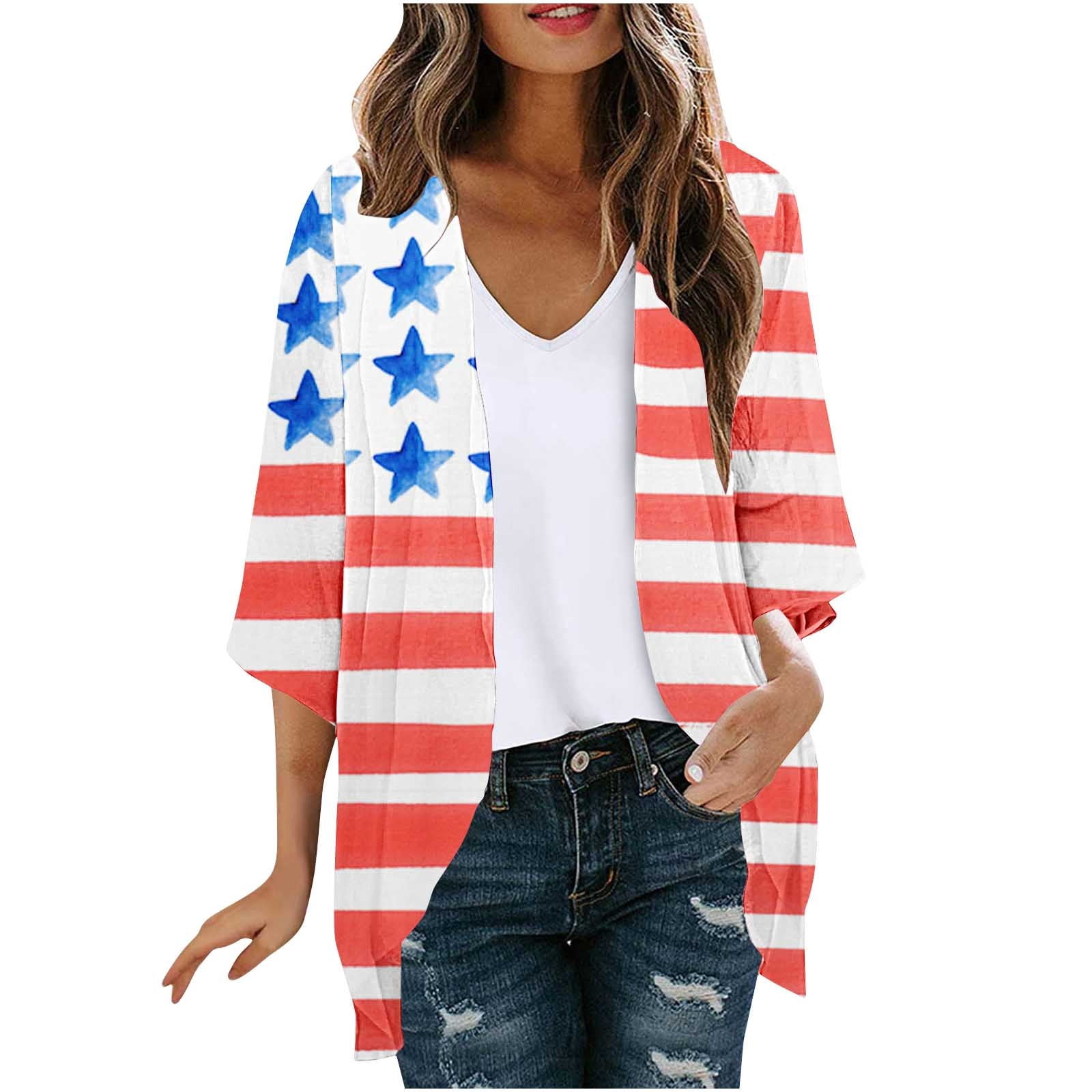 Hvot&aat Women American Flag 4th of July Short Sleeve Cardigan Summer ...