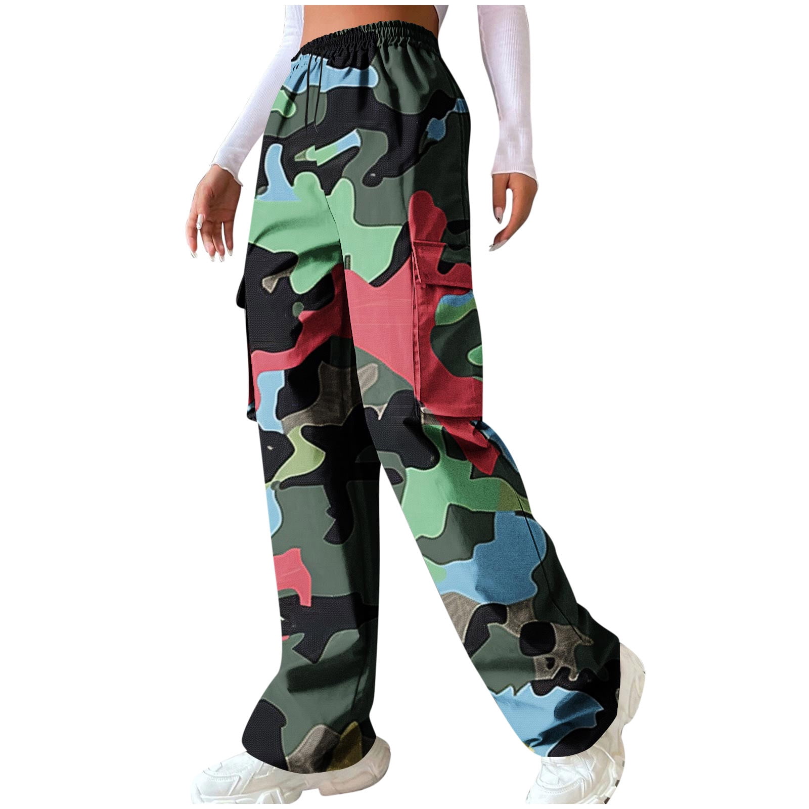Hvot&aat Women Camouflage Cargo Pants Elastic High Waisted Straight ...