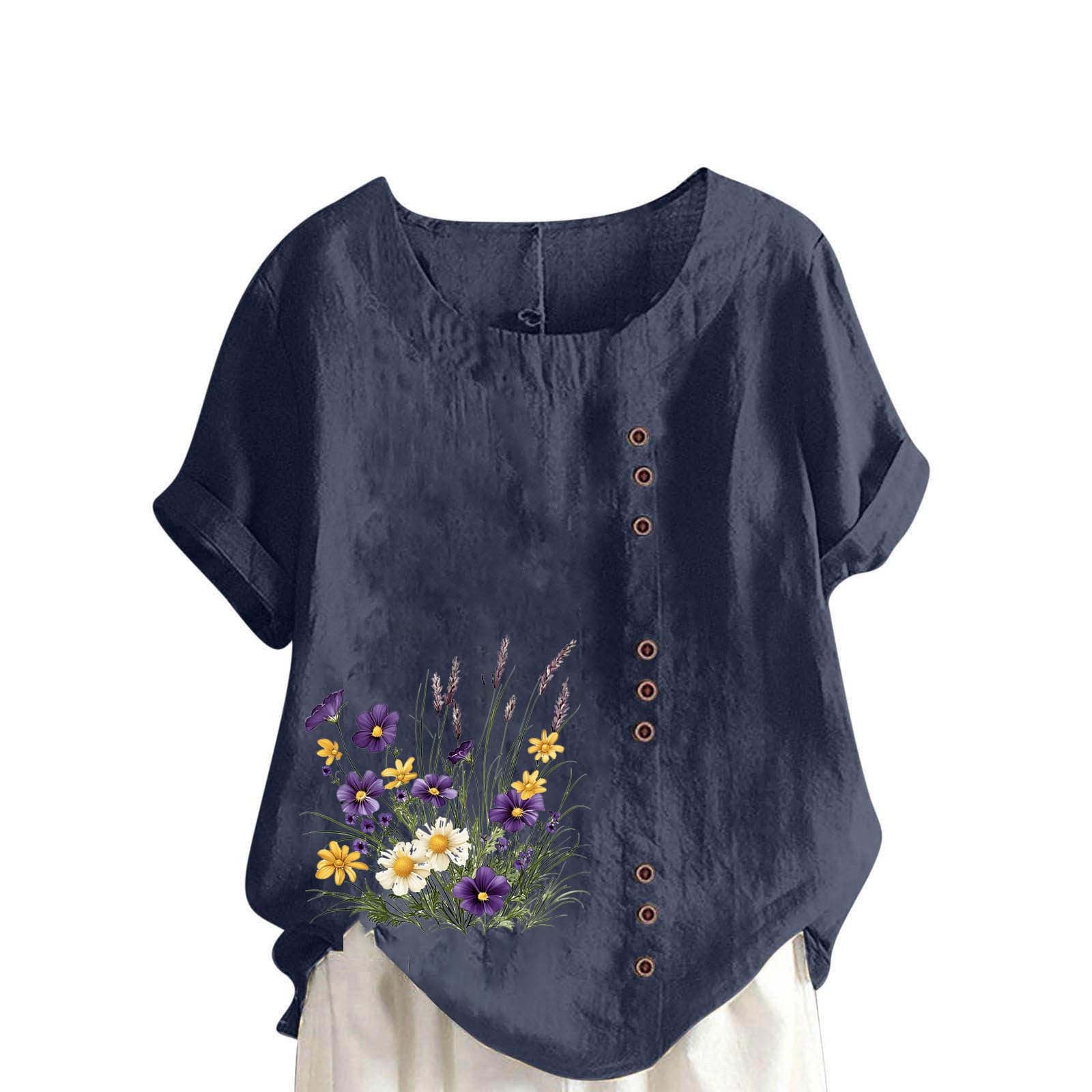 Hvot&aat Women Floral Print Short Sleeve Gauze Tops Round Neck Comfy ...