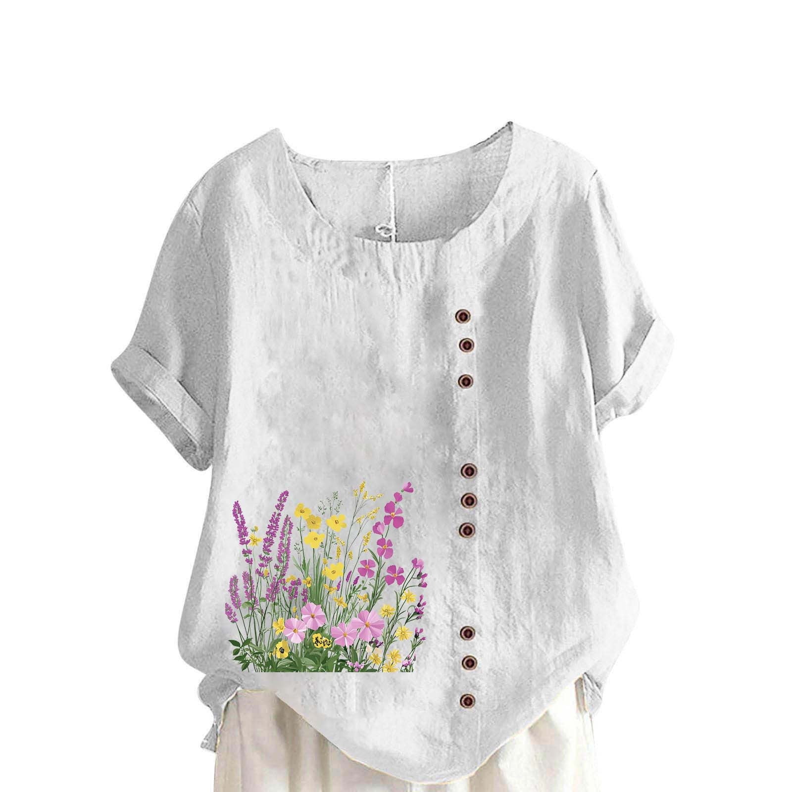 Hvot&aat Women Floral Print Short Sleeve Gauze Tops Round Neck Comfy ...