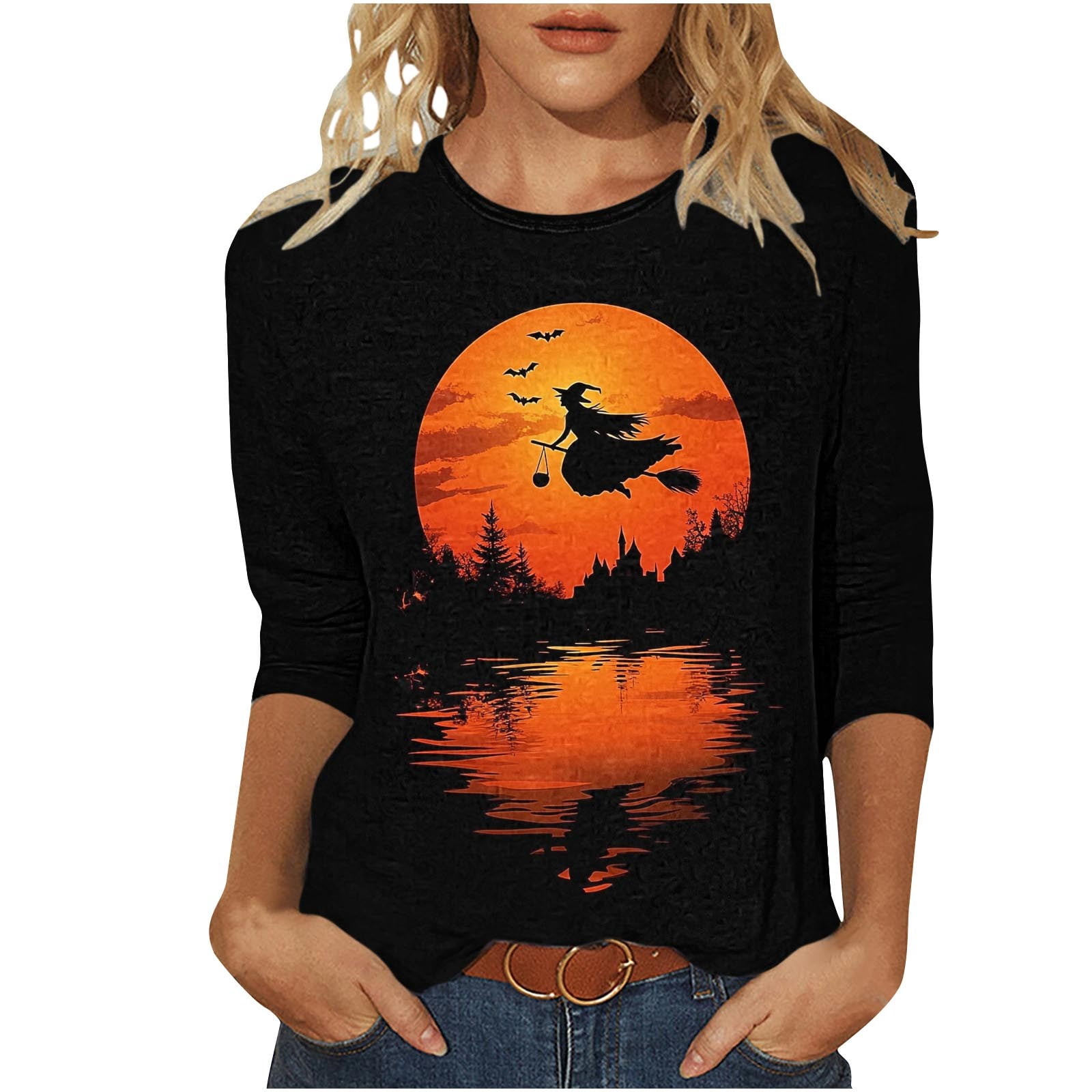 Hvot&aat Women Halloween Top Pumpkin/Black Cat/Witch Hat/Moon/Skeleton ...