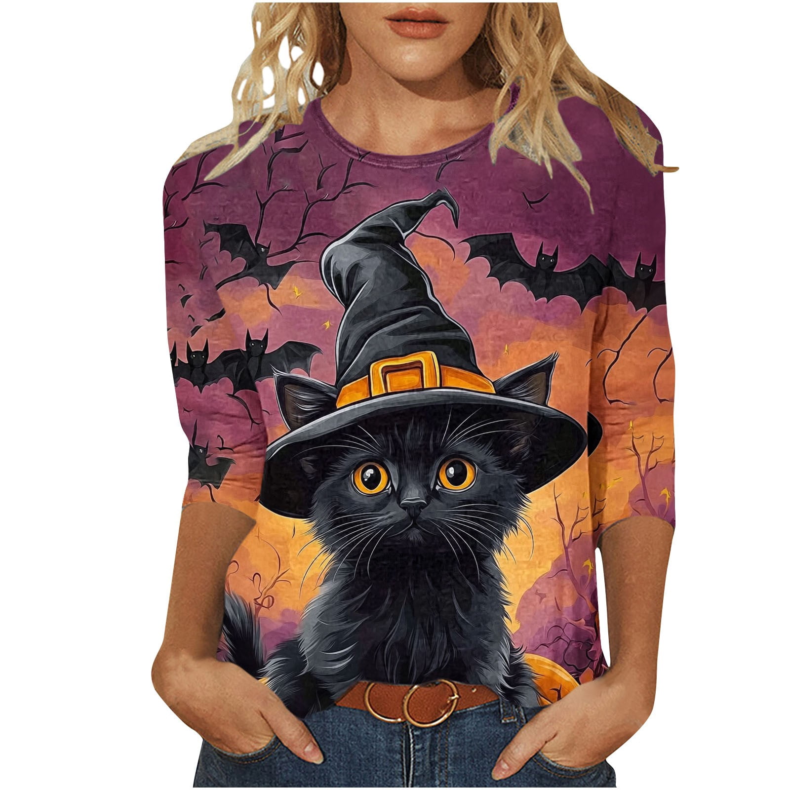 Hvot&aat Women Halloween Top Pumpkin/Black Cat/Witch Hat/Moon/Skeleton ...