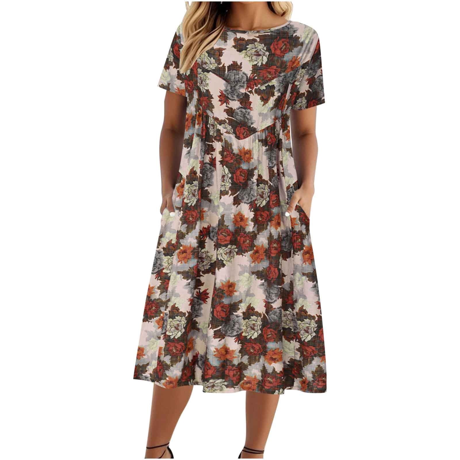 Hvot&aat Women Summer Boho Floral Dresses Casual Loose Short Sleeve ...