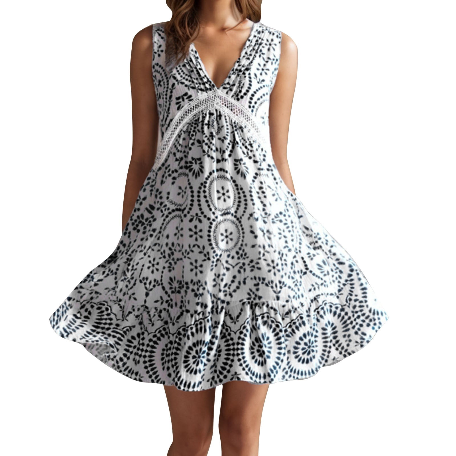 Hvot&aat Women's Beach Smock Floral Print Patchwork Ruffle Dress ...