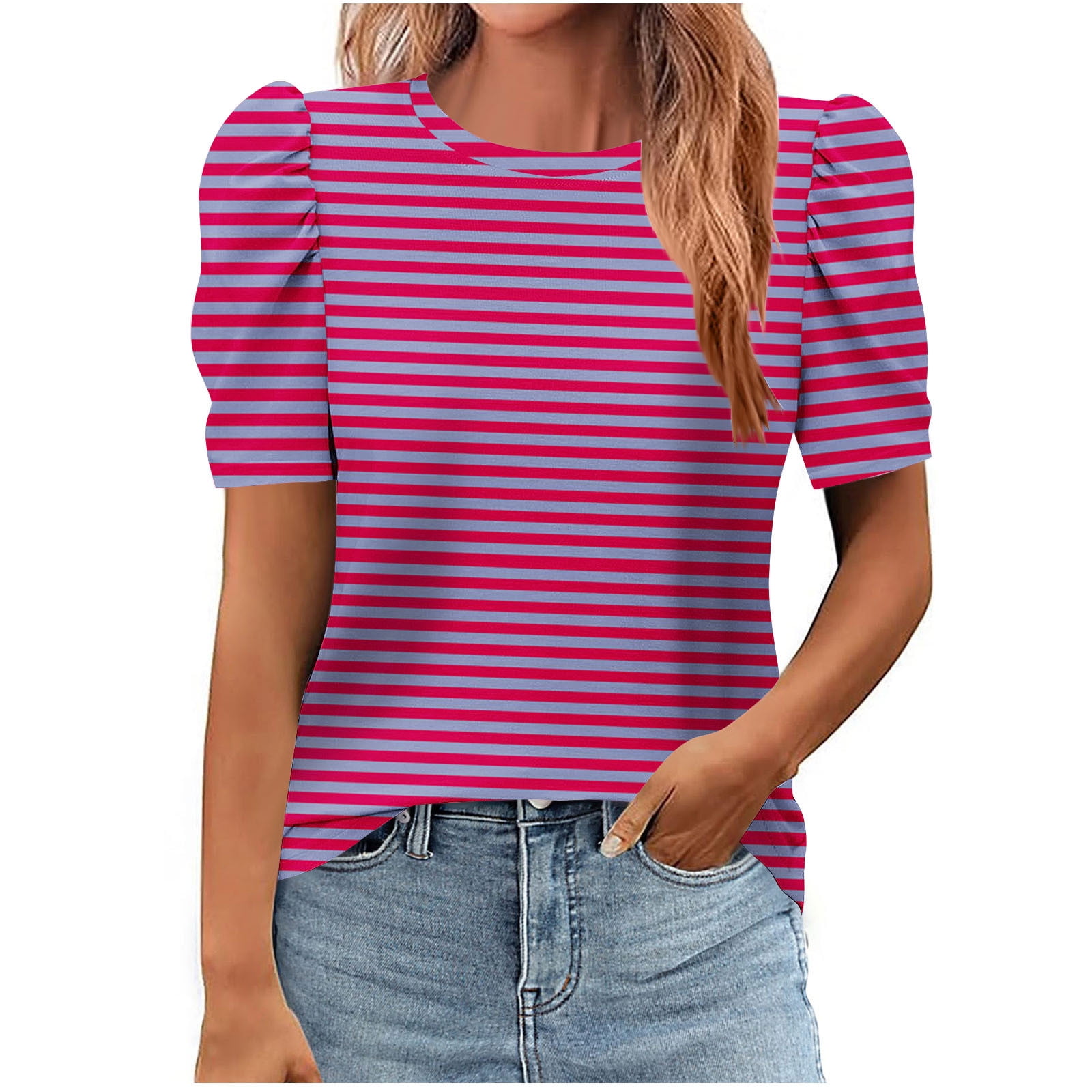 Hvot&aat Women's Casual Striped T-Shirt Crew Neck Puff Sleeve Summer ...