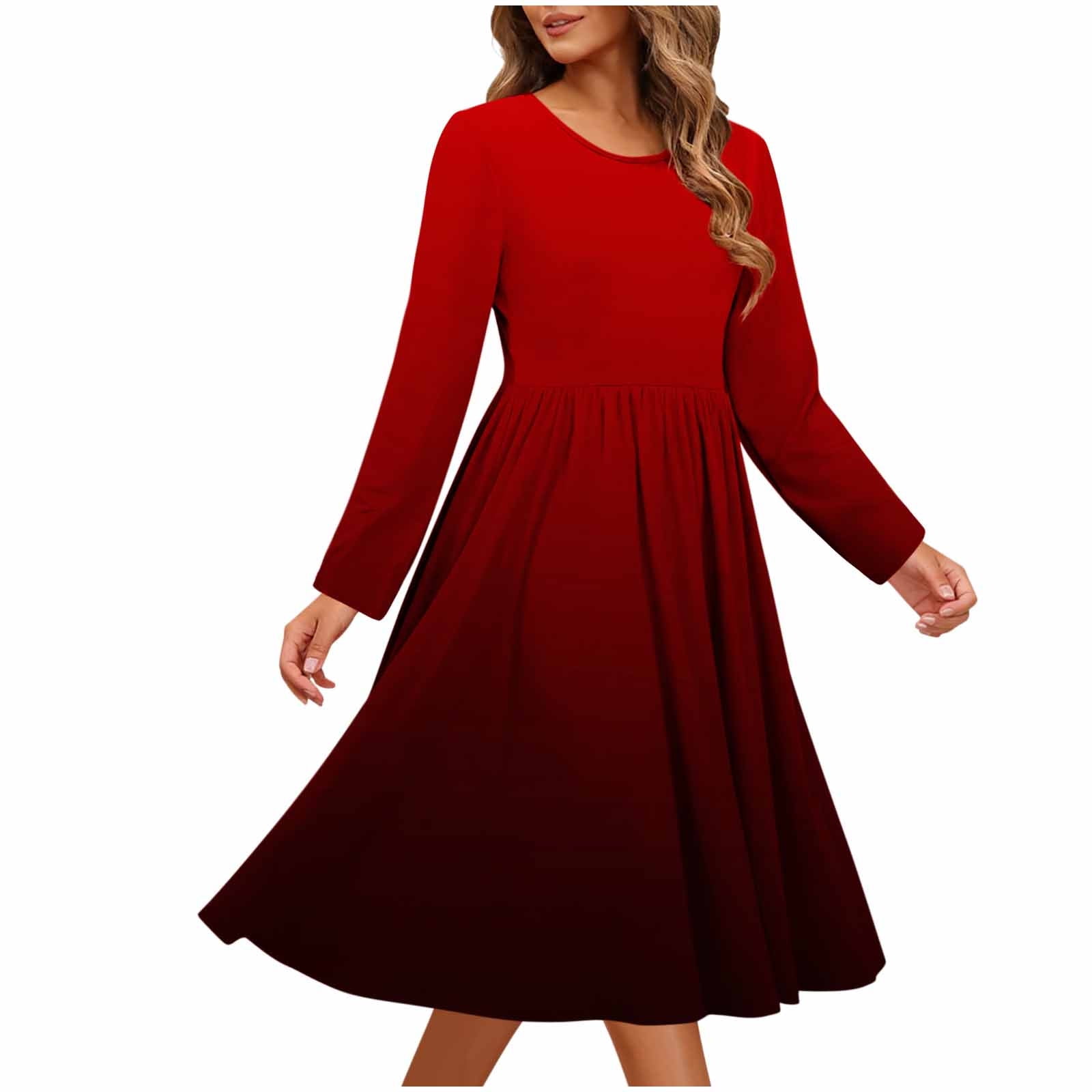 Hvot&aat Women's Gradient A-Line Dress Long Sleeve Crewneck Loose Flowy ...