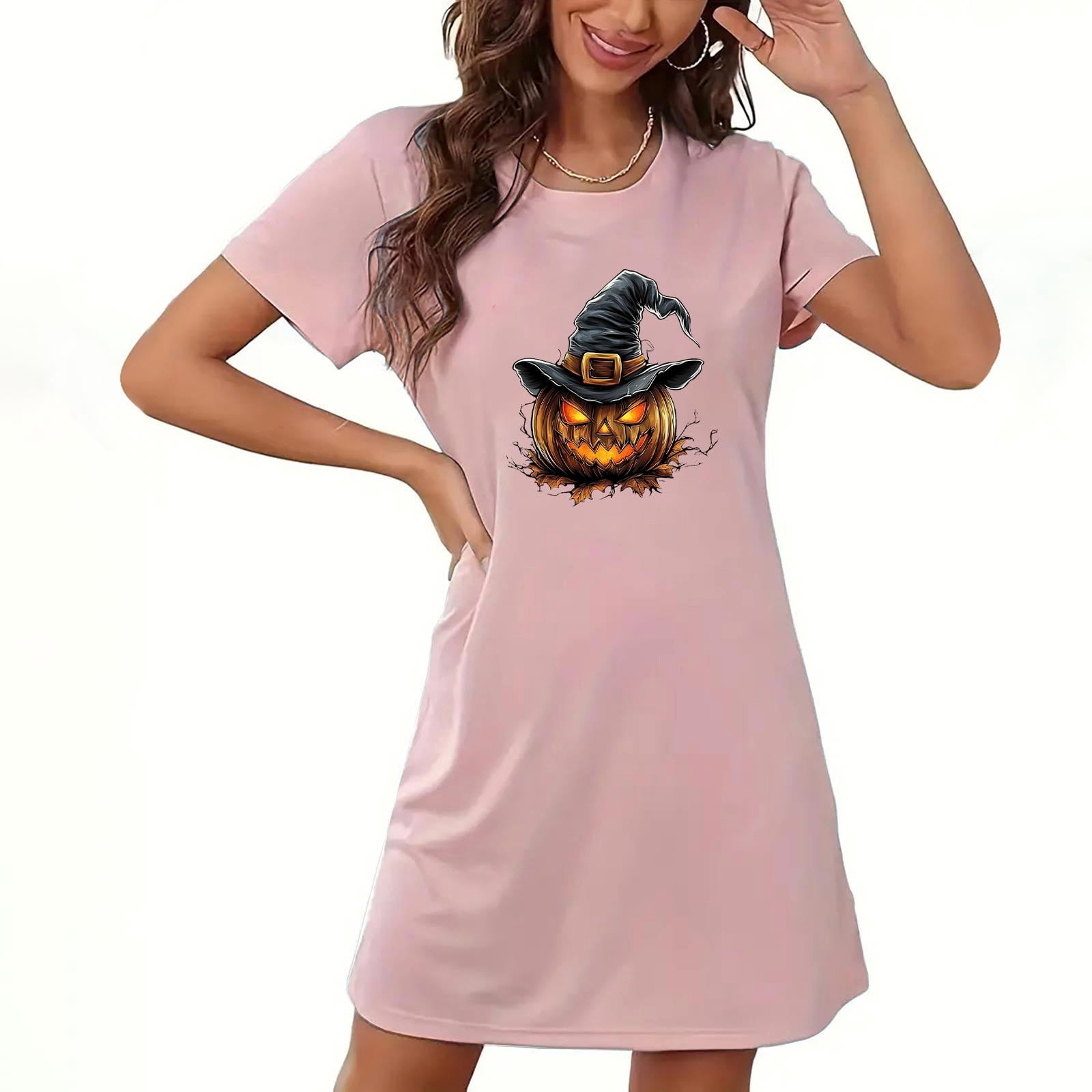 Hvot&aat Women's Halloween Chest Print Funny Pumpkin Dress Comfort Crew ...