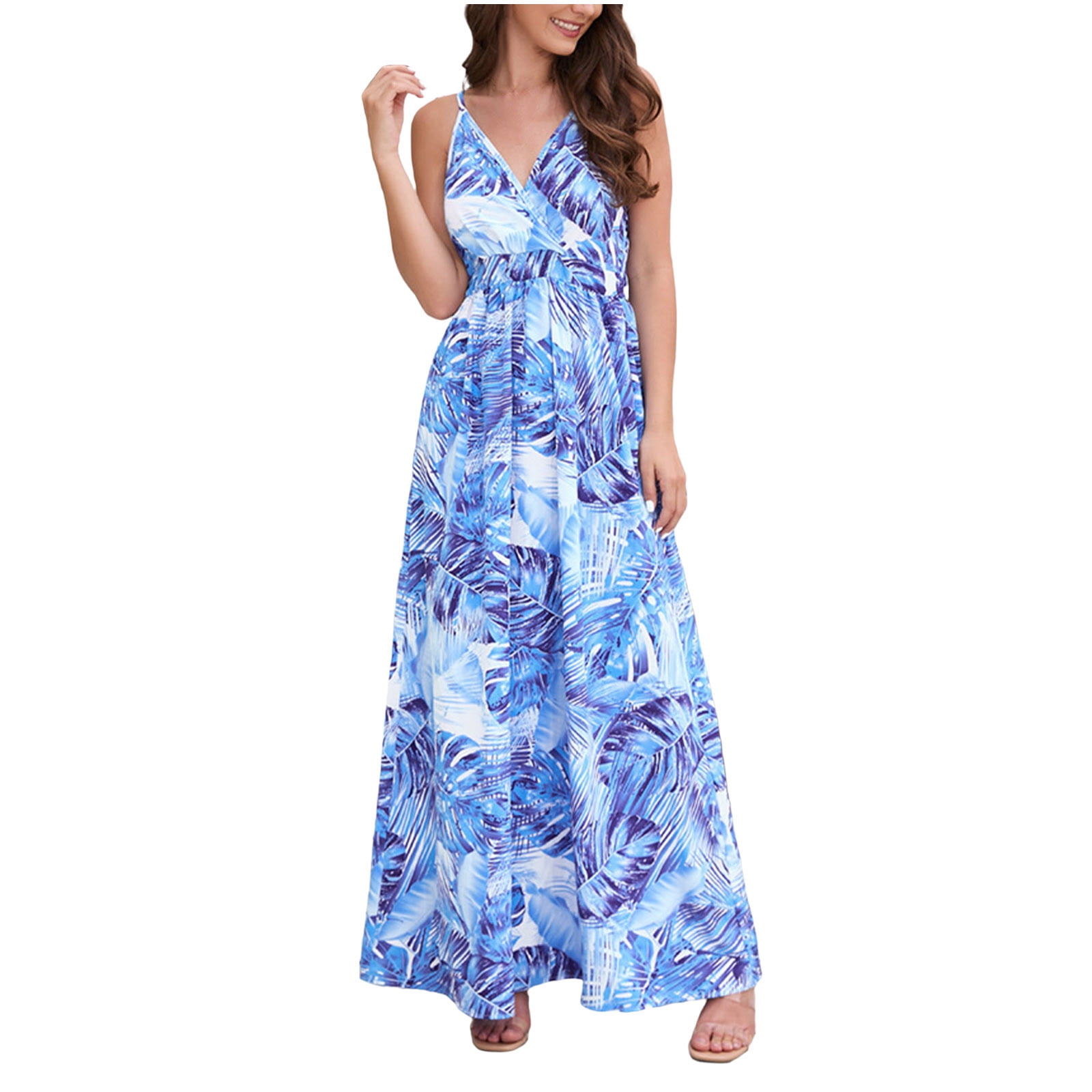 Hvot&aat Women's Hawaiian Spaghetti Strap Dresses Boho V Neck Floral ...