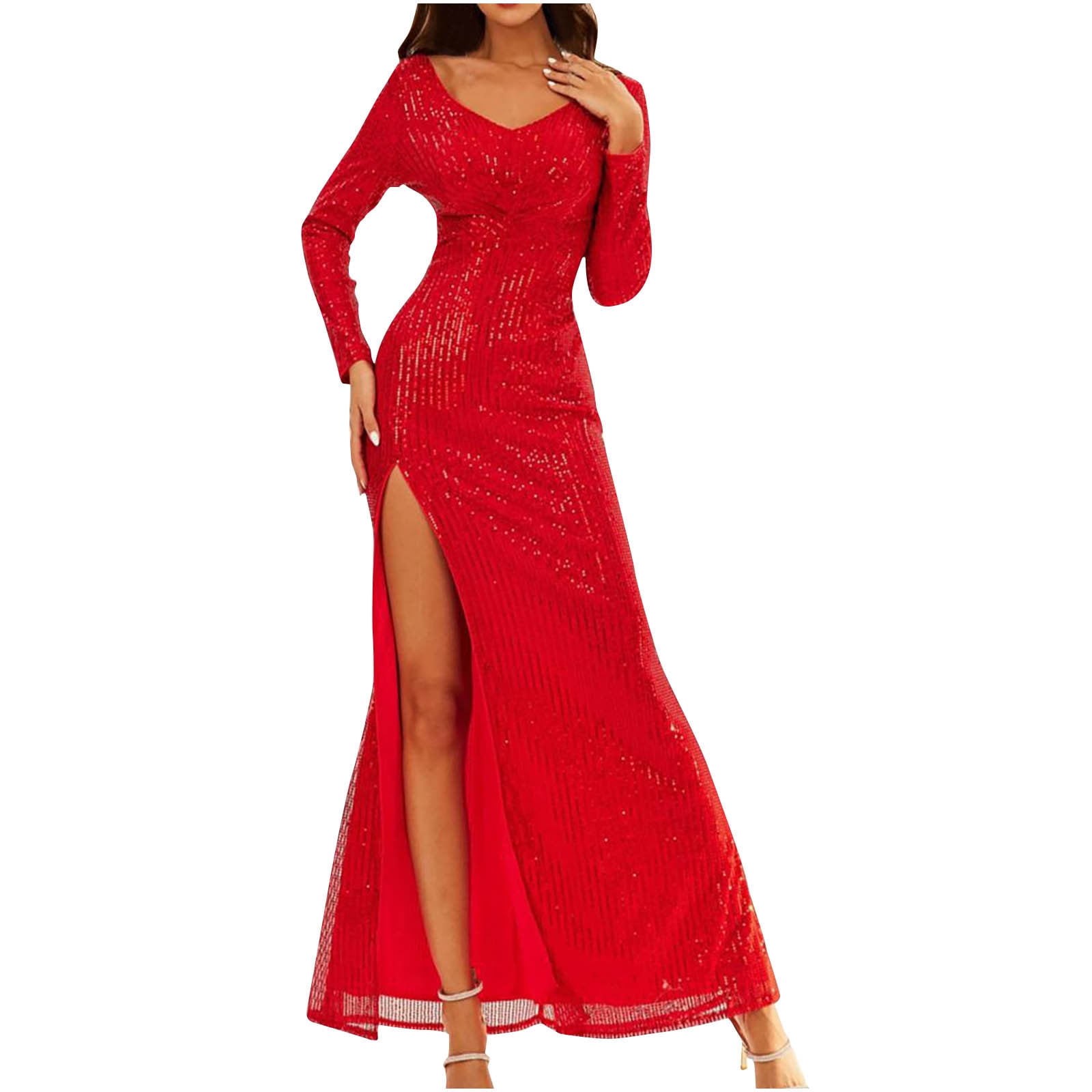Hvot&aat Women's Long Sleeve V-Neck Sequins Gown Elegant Shinny Mermaid ...