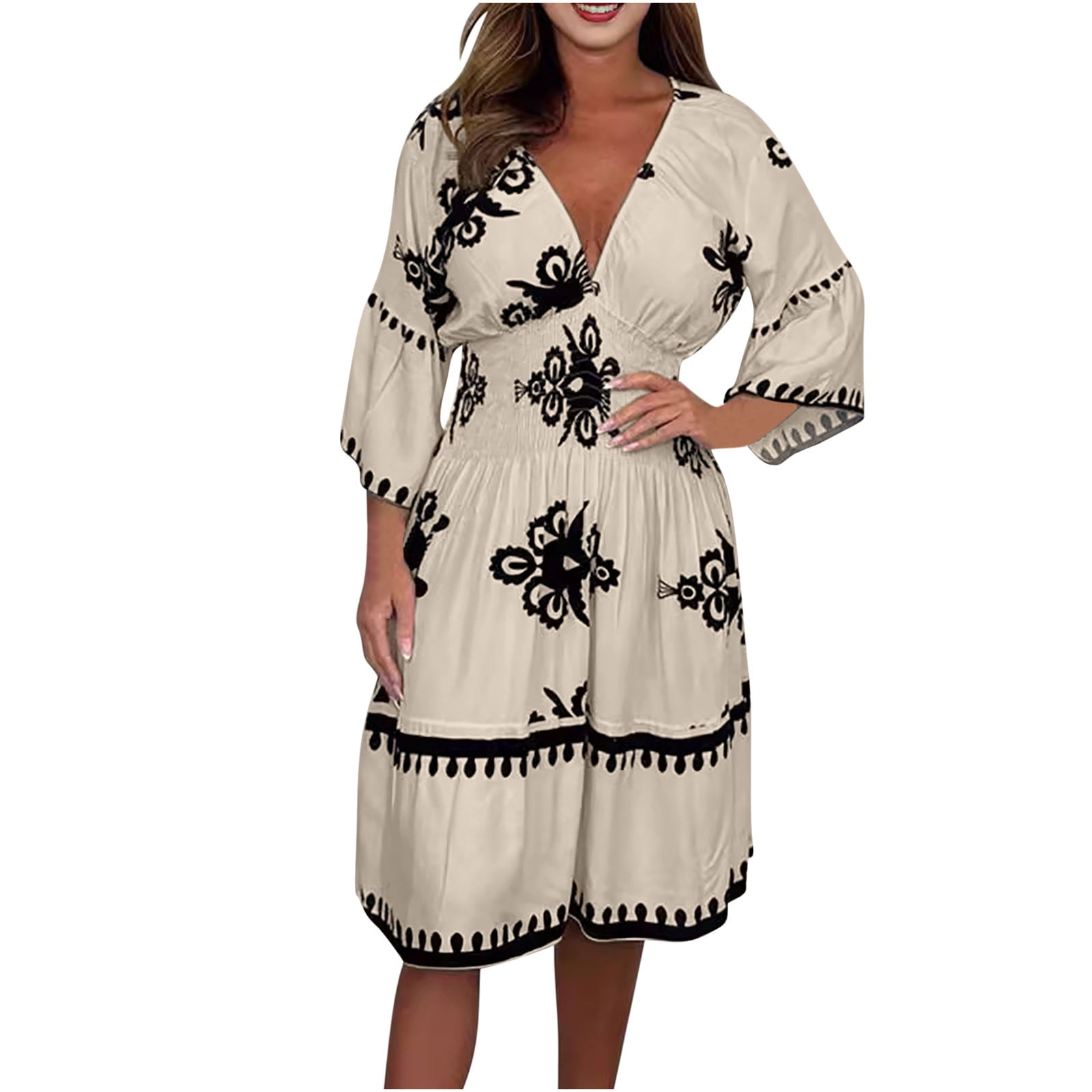 Hvot&aat Women's Print V Neck Wrap Dress Casual 3/4 Sleeve Plus Size ...