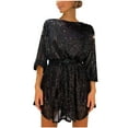 Hvotandaat Womens Sequin Sparkle Glitzy Dress Long Sleeve Crew Neck Tie