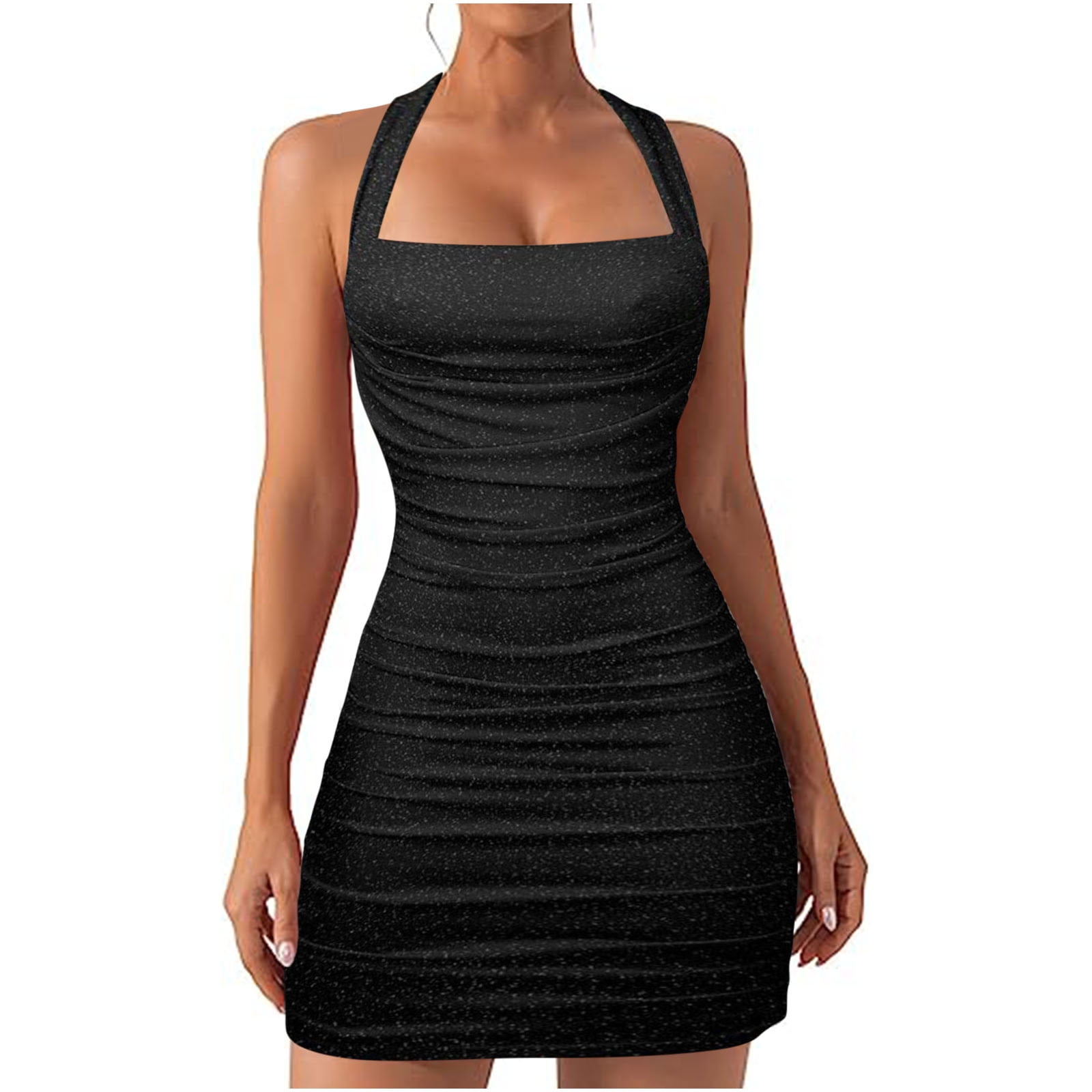 Hvot&aat Women's Sexy Halter Neck Sequin Dresses Sparkly Ruched Square ...