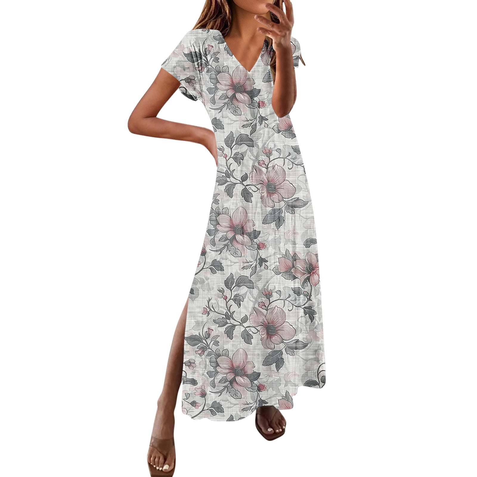 Hvot&aat Women's Summer Boho Maxi Dresses V Neck Short Sleeve Loose Fit ...