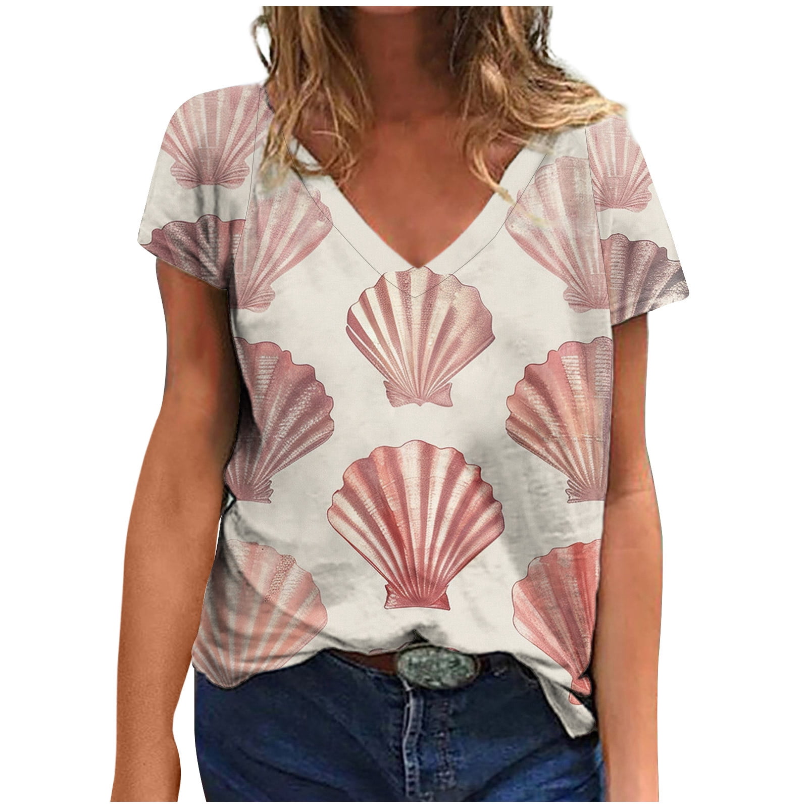 Hvot&aat Women's Summer Seashell Graphic T-Shirt V-Neck Short Sleeve ...