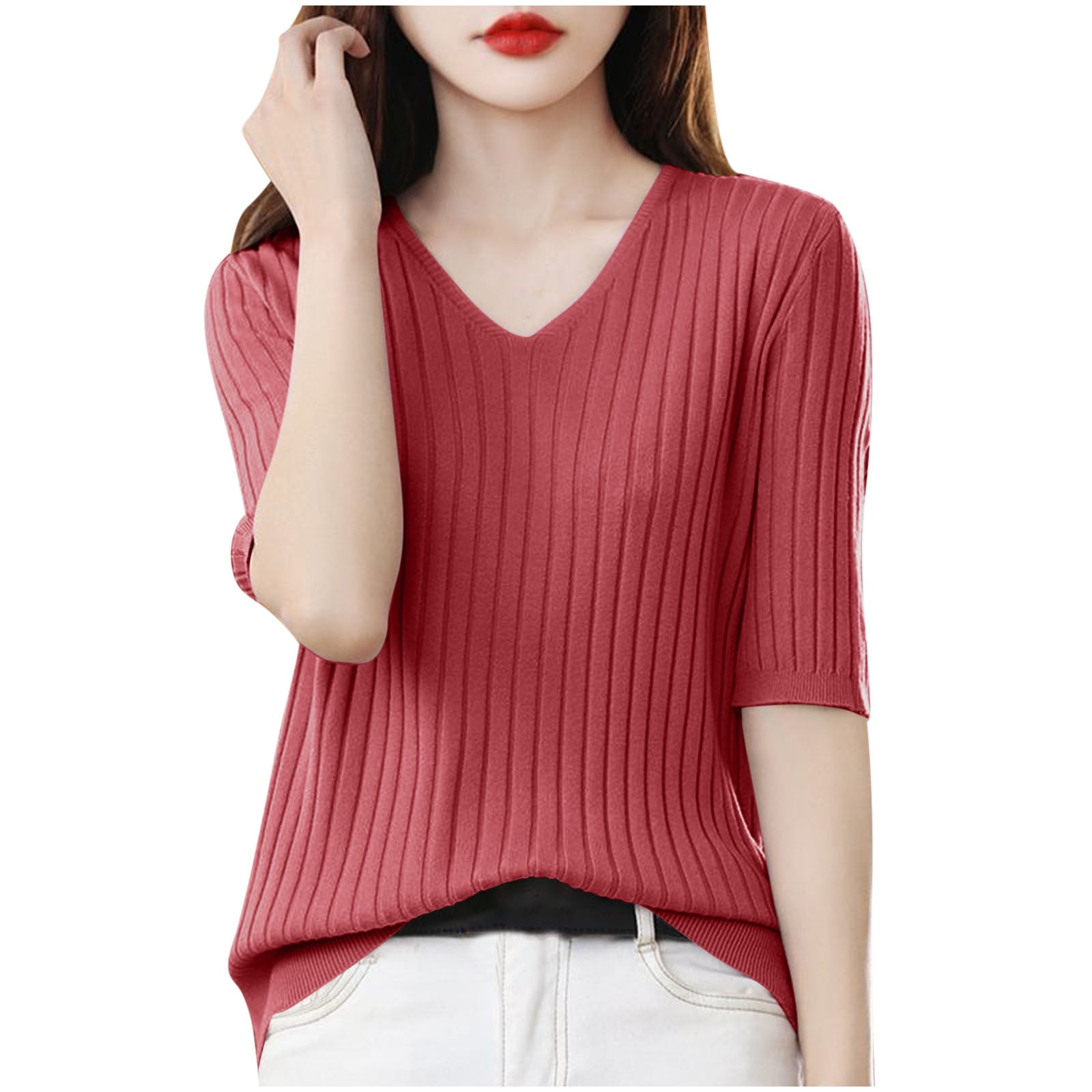 Hvot&aat Women‘s Trendy Textured Tops Solid Color V Neck Half Sleeve ...
