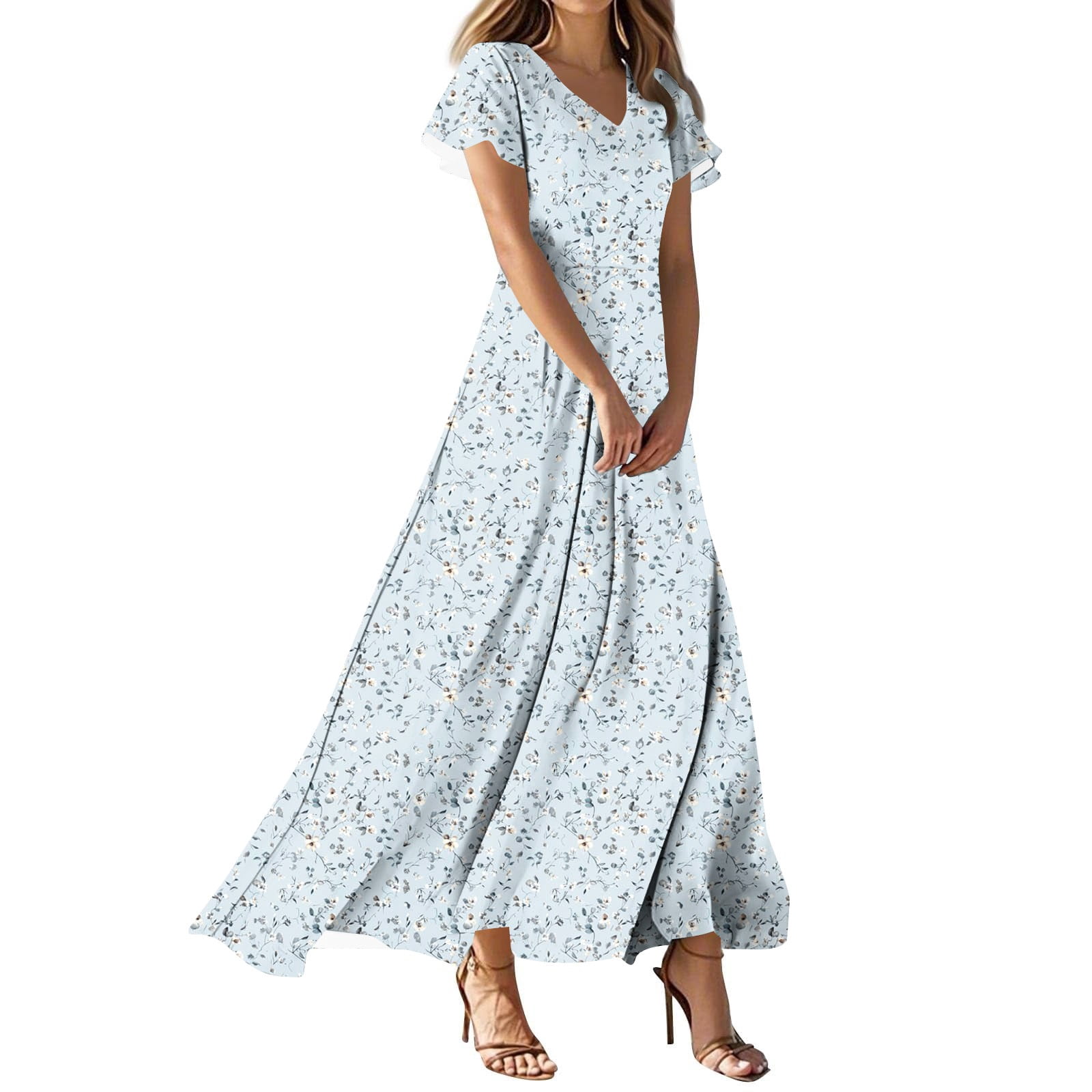 Hvot&aat Womens Beach Maxi Dresses Flutter Sleeve V Neck A Line Flowy ...