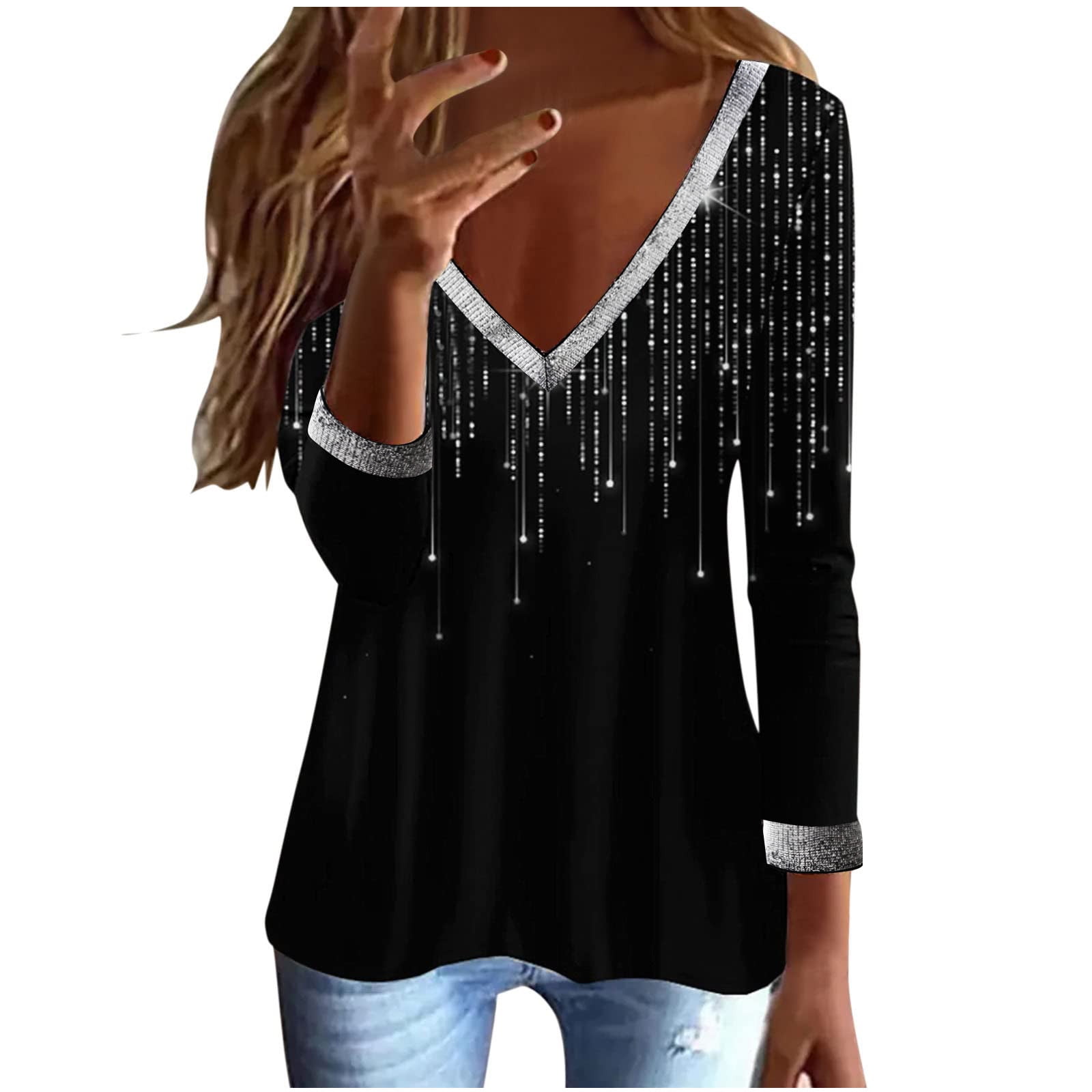 Hvot&aat Womens Sparkly Tops Fashion V-Neck Shinny Printed Pullover ...