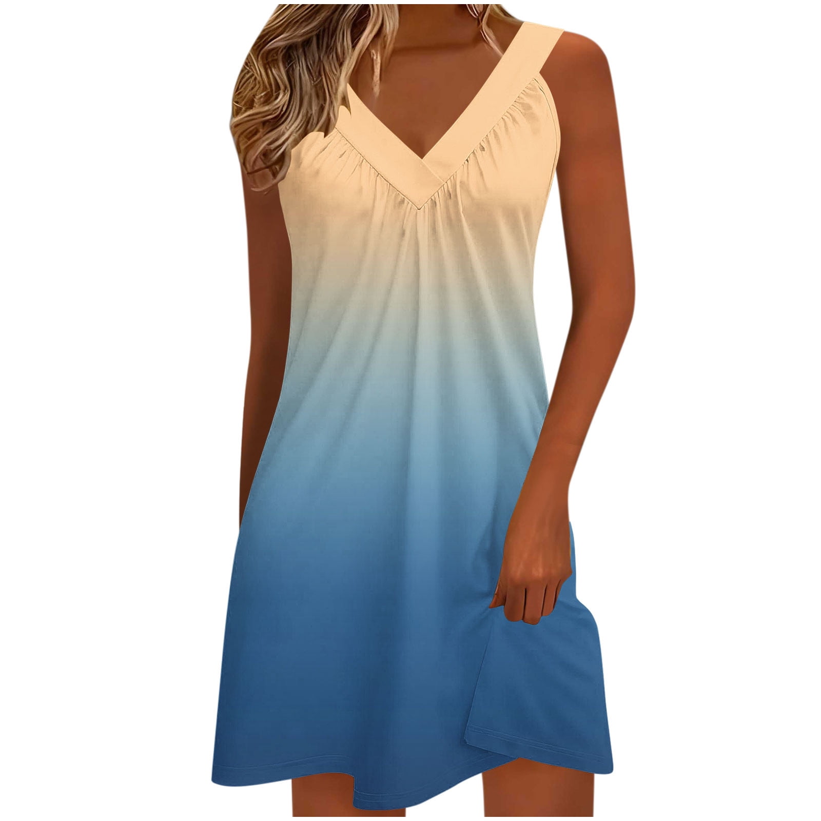 Hvot&aat Womens Summer Gradient Mini Dresses Casual V-neck Pleated ...