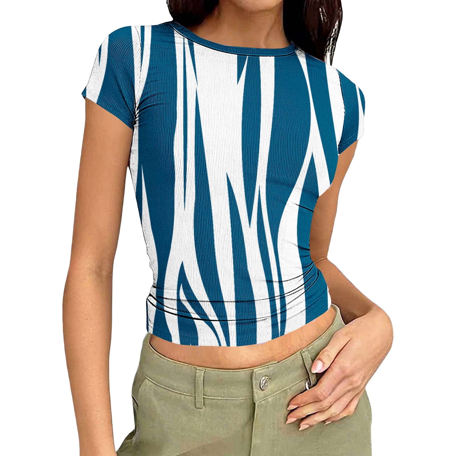 Hvot&aat Womens Summer Tops Unstructured Stripe Print Round Neck Short Sleeve Fitted Crop T ...