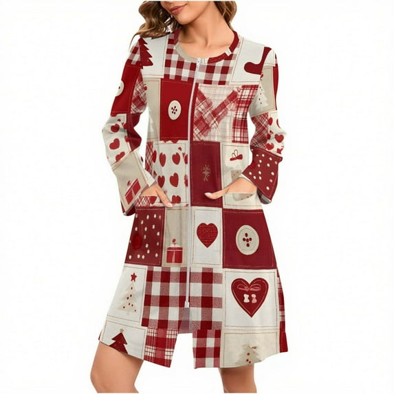 Hvot&aat Zipper Front Robes for Women Christmas Print Long Sleeve ...