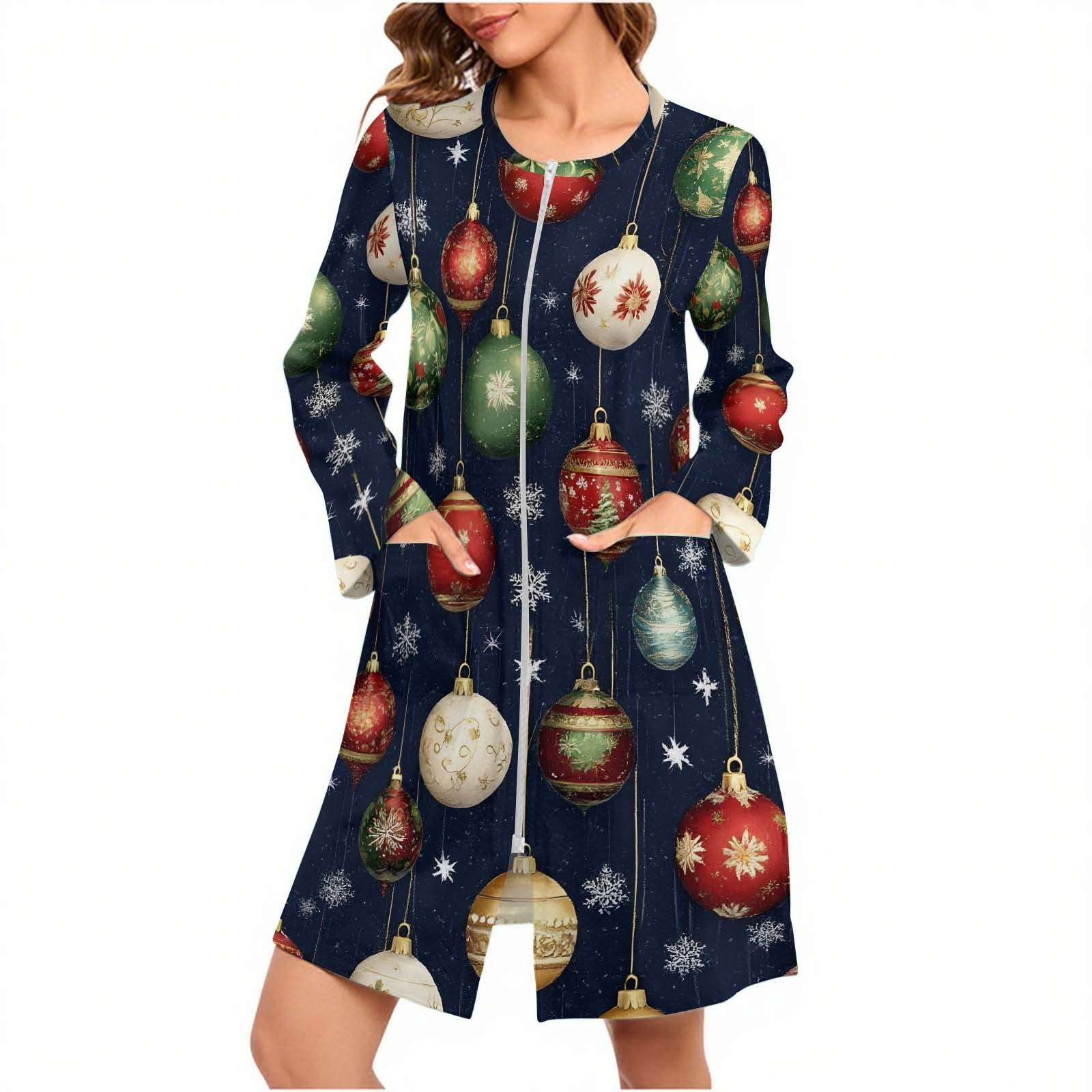 Hvot&aat Zipper Front Robes for Women Christmas Print Long Sleeve ...