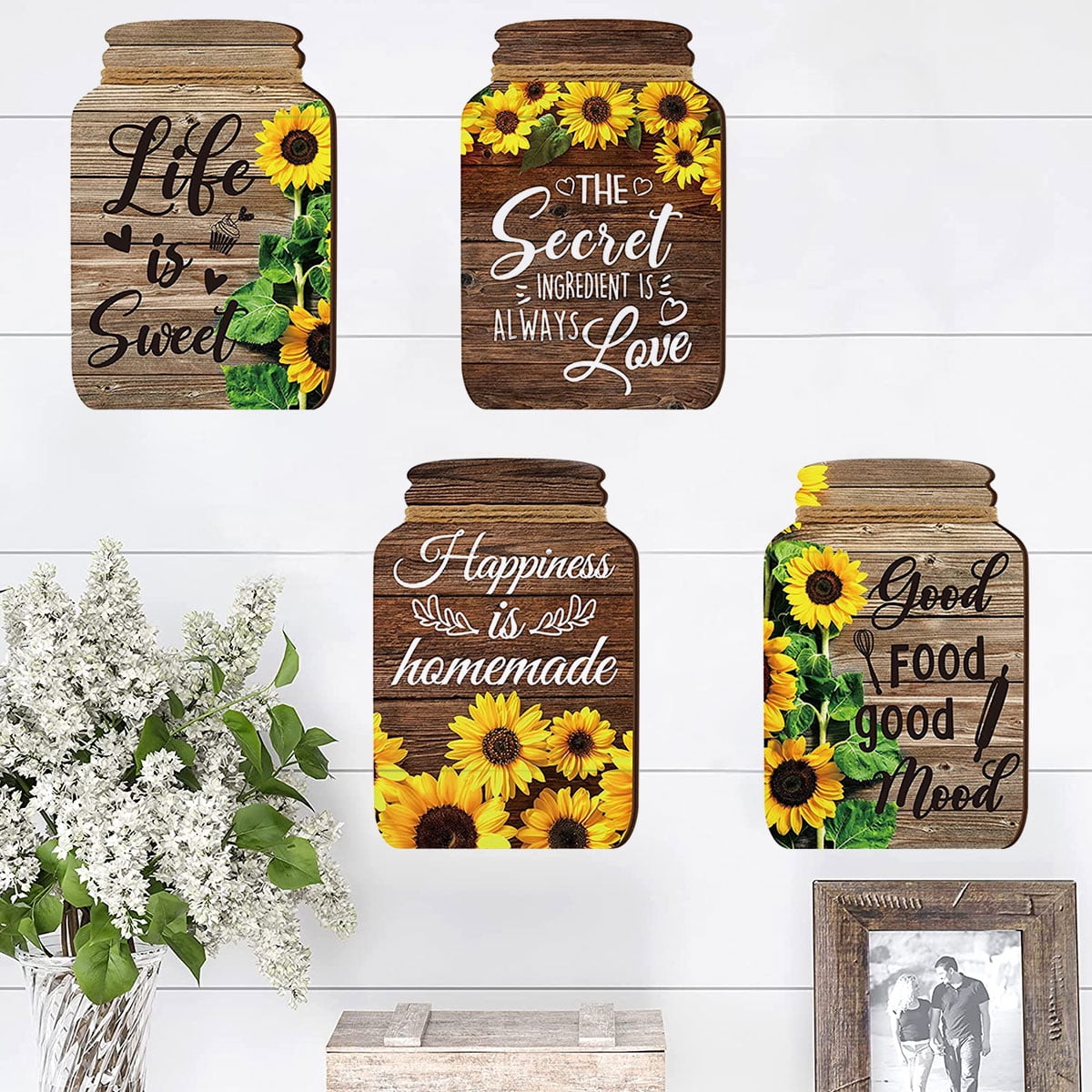 Hvxrjkn 4Pcs Vintage Mason Jar Wall Decor Wood, Rustic Sunflower Wall ...