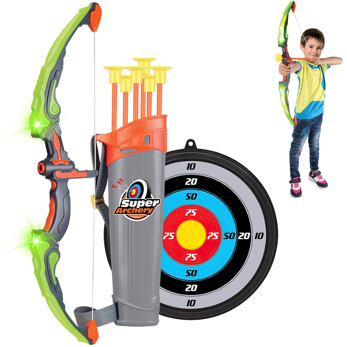 Hvxrjkn Bow and Arrow Toy Set for Kids LED Light Up Archery Set with 6 ...
